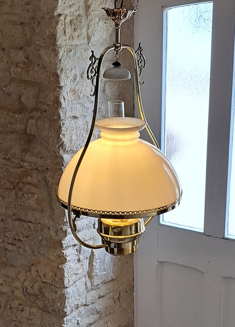 Very Pretty, Vintage, French, Opaline and Brass, Oil, Ceiling Light ...