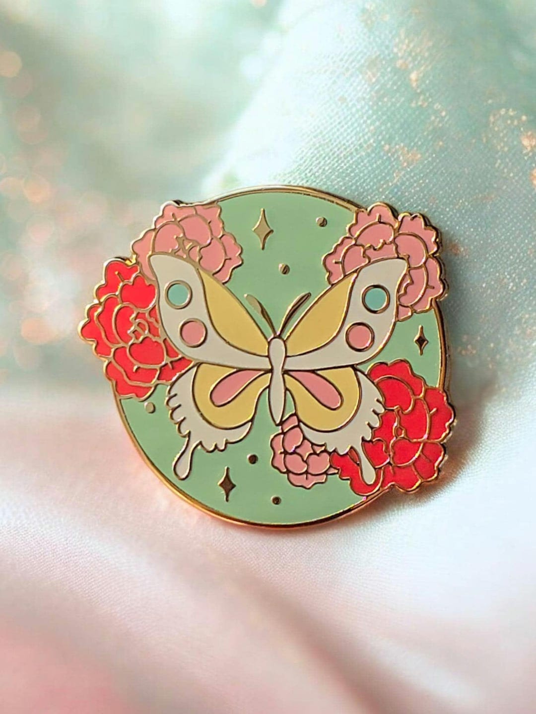 JUNE Peony Butterfly Hanafuda Cute Hard Enamel Pin - Gold Japanese ...
