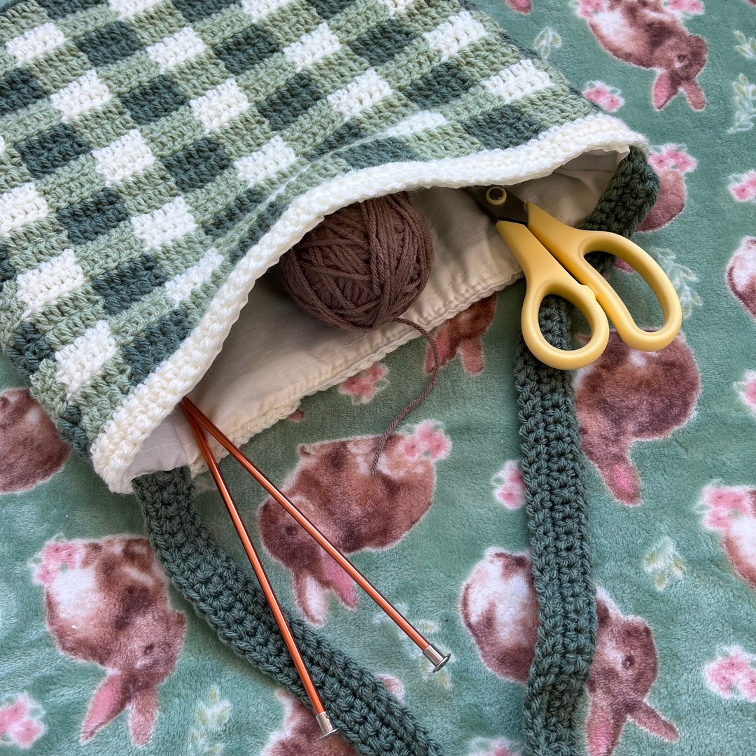 Sage Green and Cream Gingham Crochet Tote Bag School Bag - Etsy