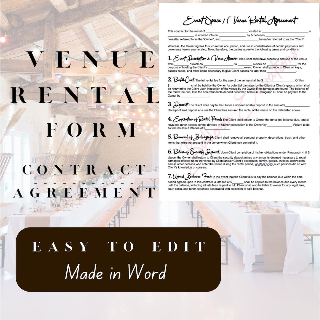 Venue Rental Contract Agreement EASY to Edit DIGITAL DOWNLOAD Word Doc ...