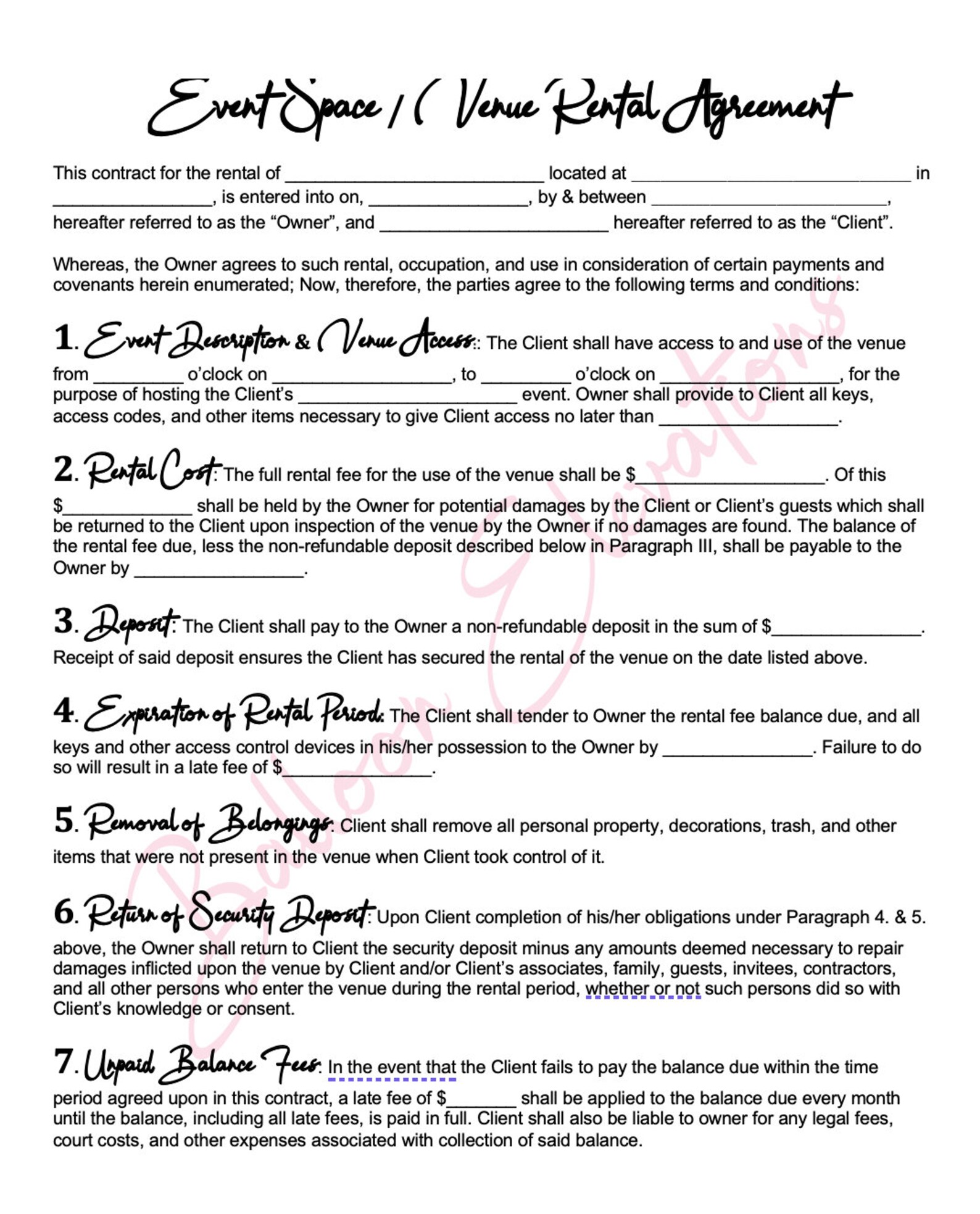 Venue Rental Agreement Contract EASY To Edit DIGITAL DOWNLOAD Etsy