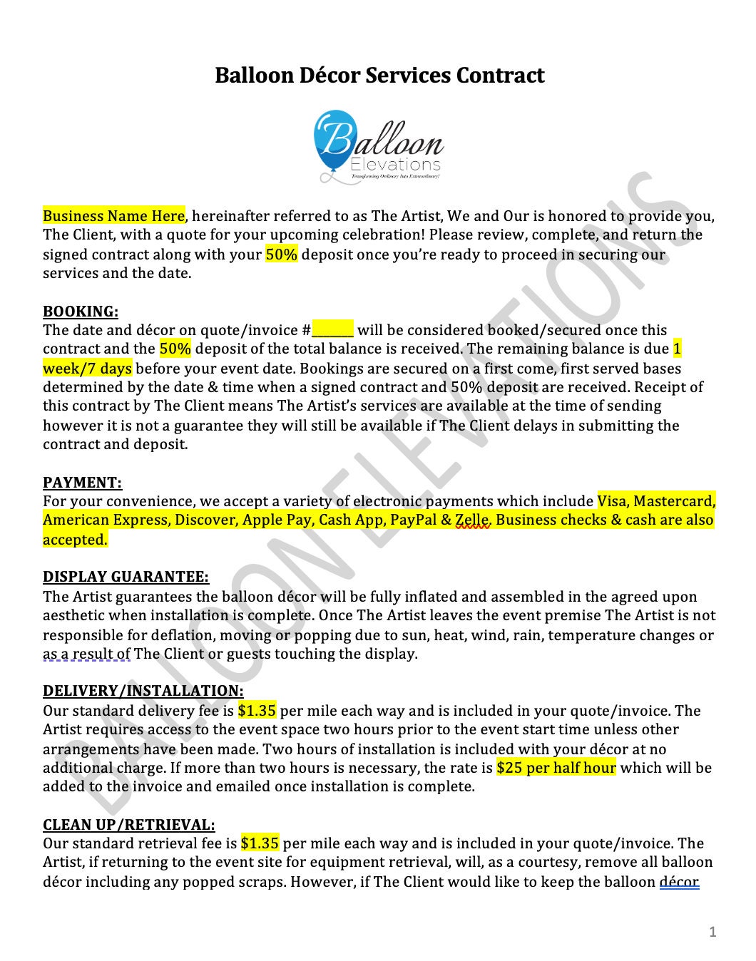 Balloon Decor Contract, Balloon Service Contract, EASY to Edit in WORD ...
