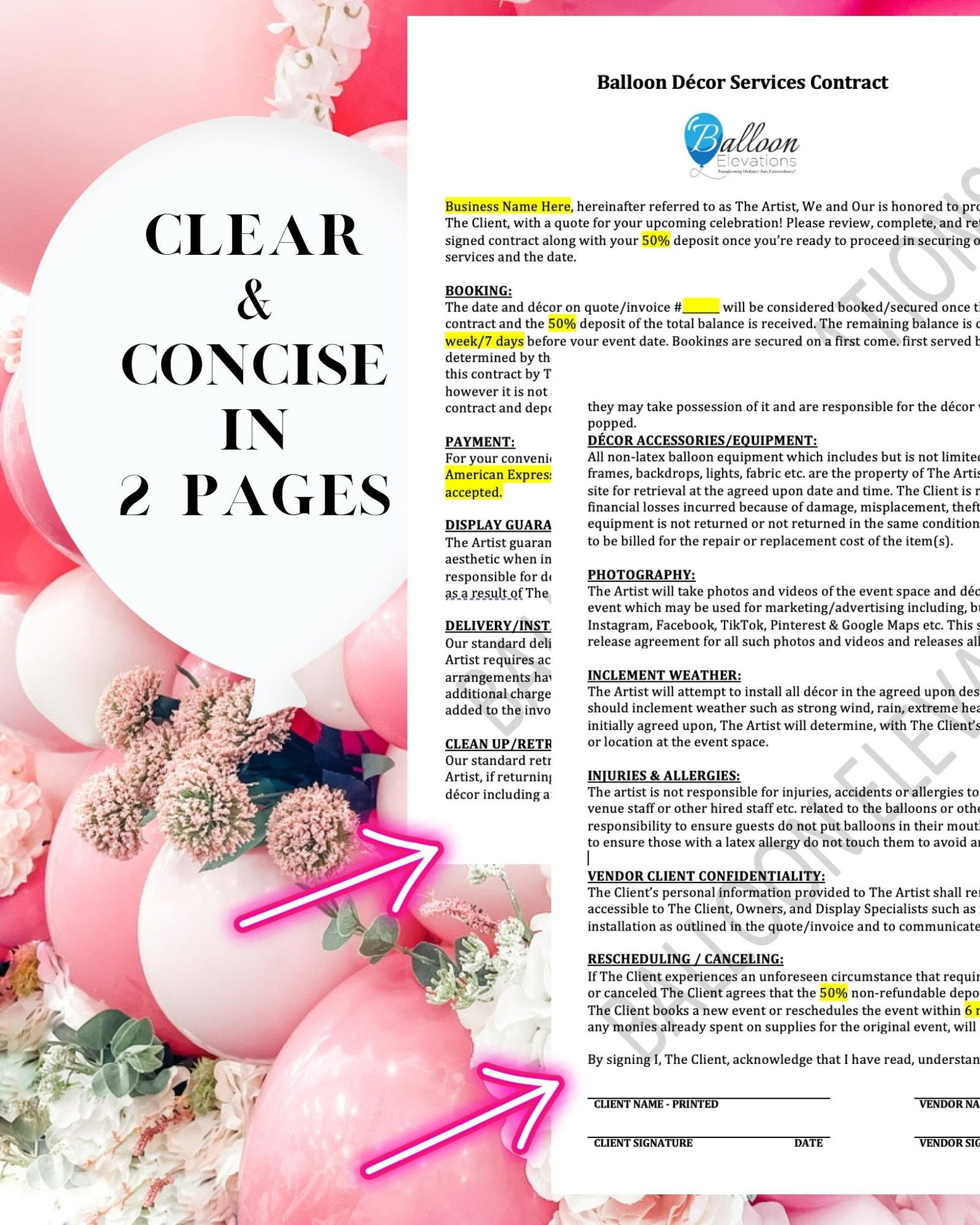 Balloon Decor Contract, Balloon Service Contract, EASY to Edit in WORD ...