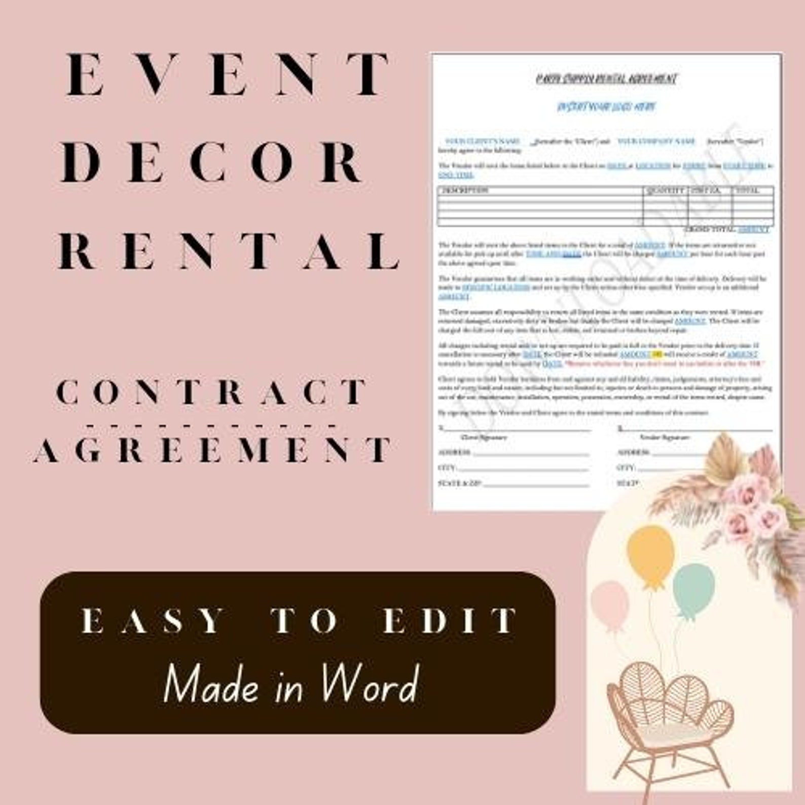 Event Decor Rental Contract Agreement / Microsoft Word / EASY - Etsy