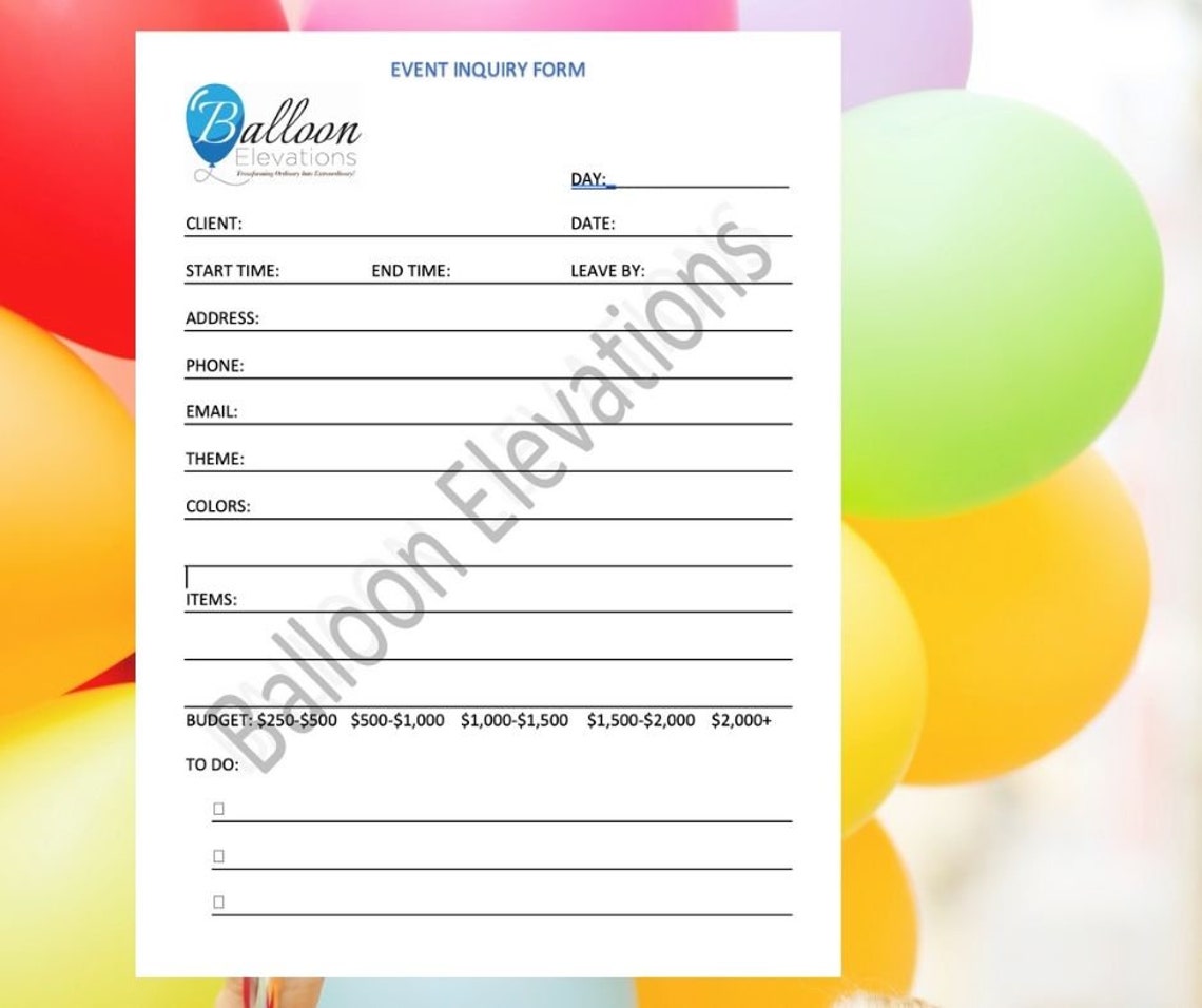 Balloon Decor Event Inquiry Form / Balloon Inquiry Template / Event ...