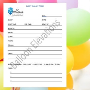 Balloon Decor Event Inquiry Form / Balloon Inquiry Template / Event ...