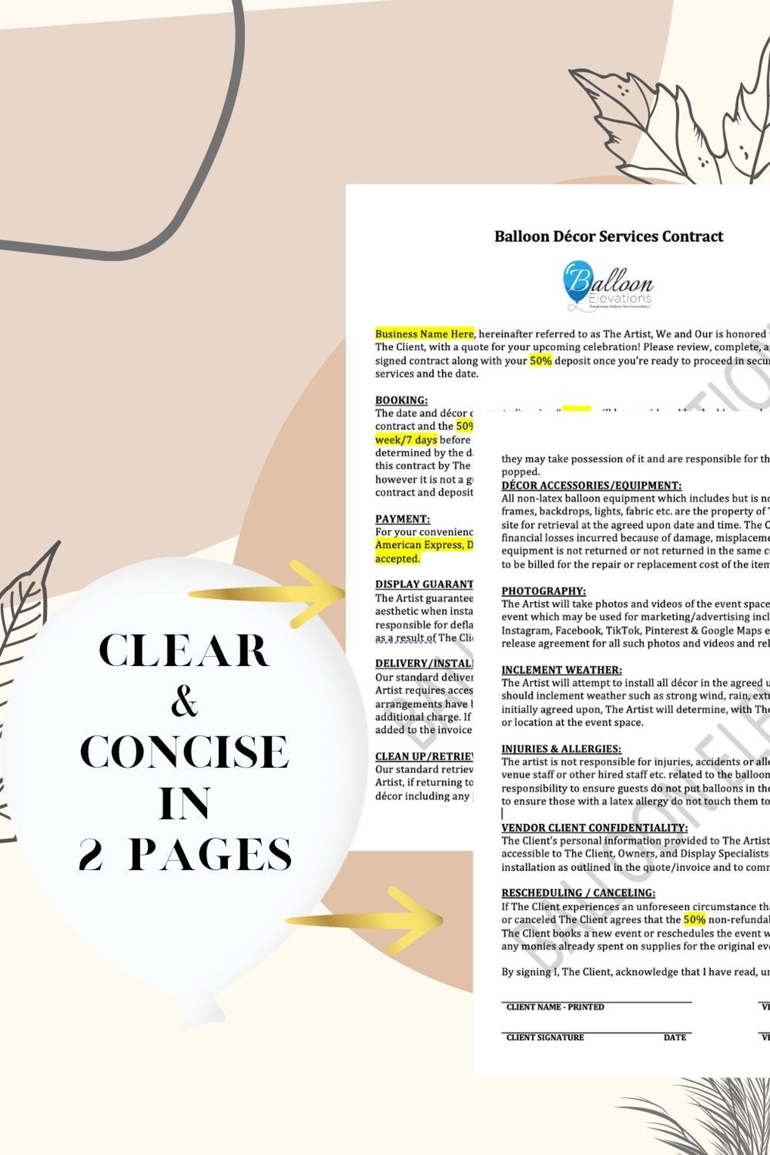 Balloon Decor Contract, Balloon Service Contract, EASY to Edit in WORD ...