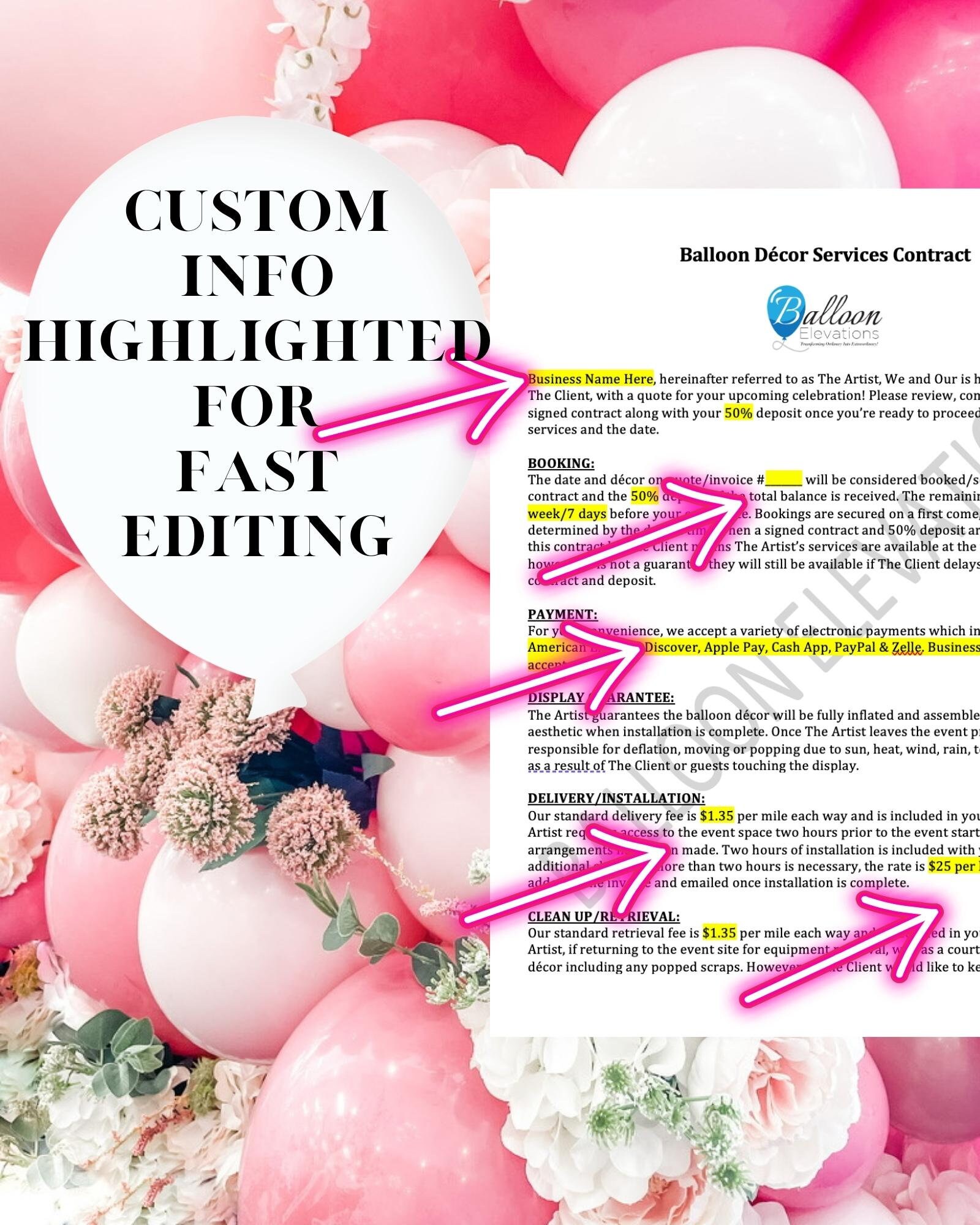 Balloon Decor Contract, Balloon Service Contract, EASY to Edit in WORD ...