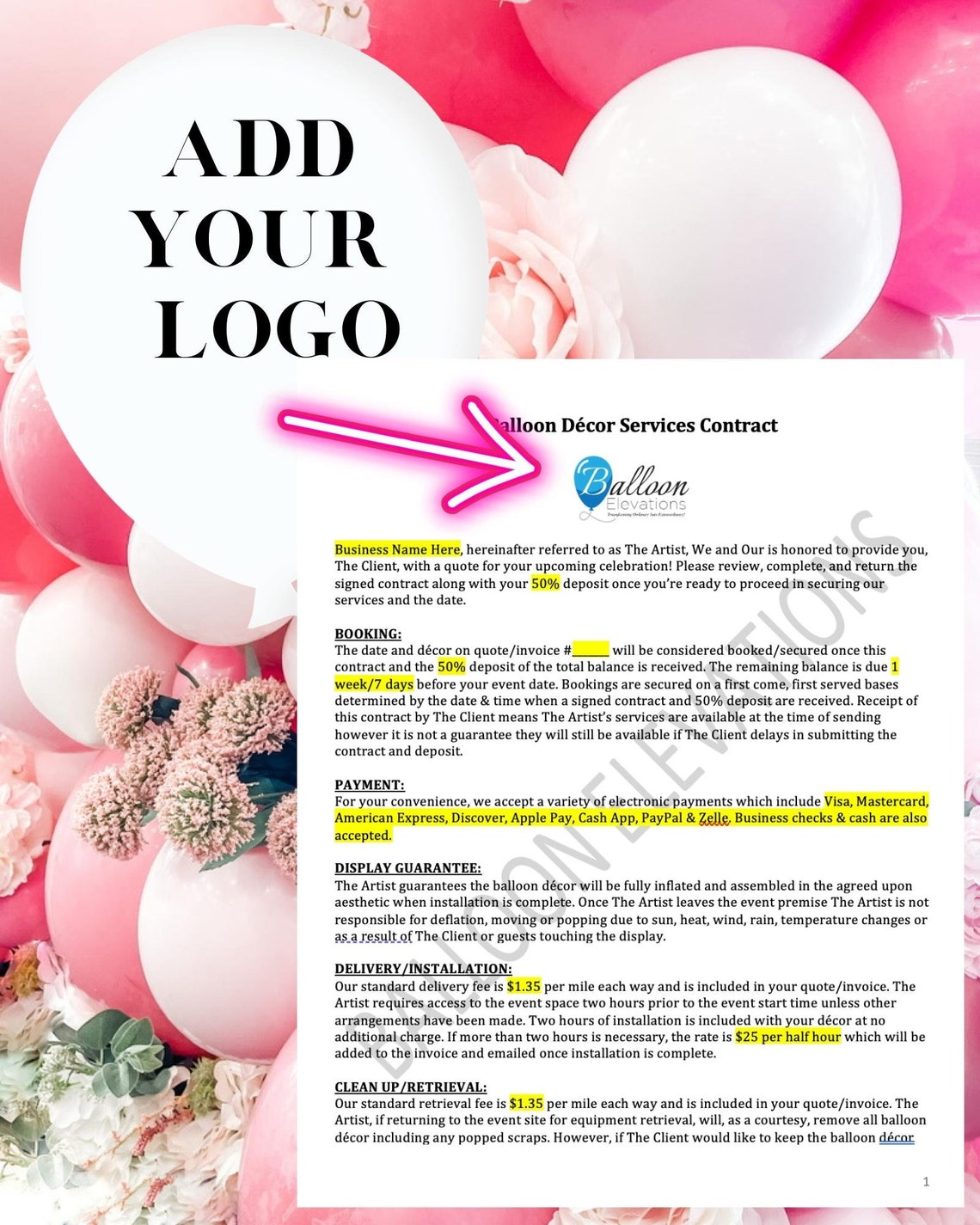 Balloon Decor Contract, Balloon Service Contract, EASY to Edit in WORD ...