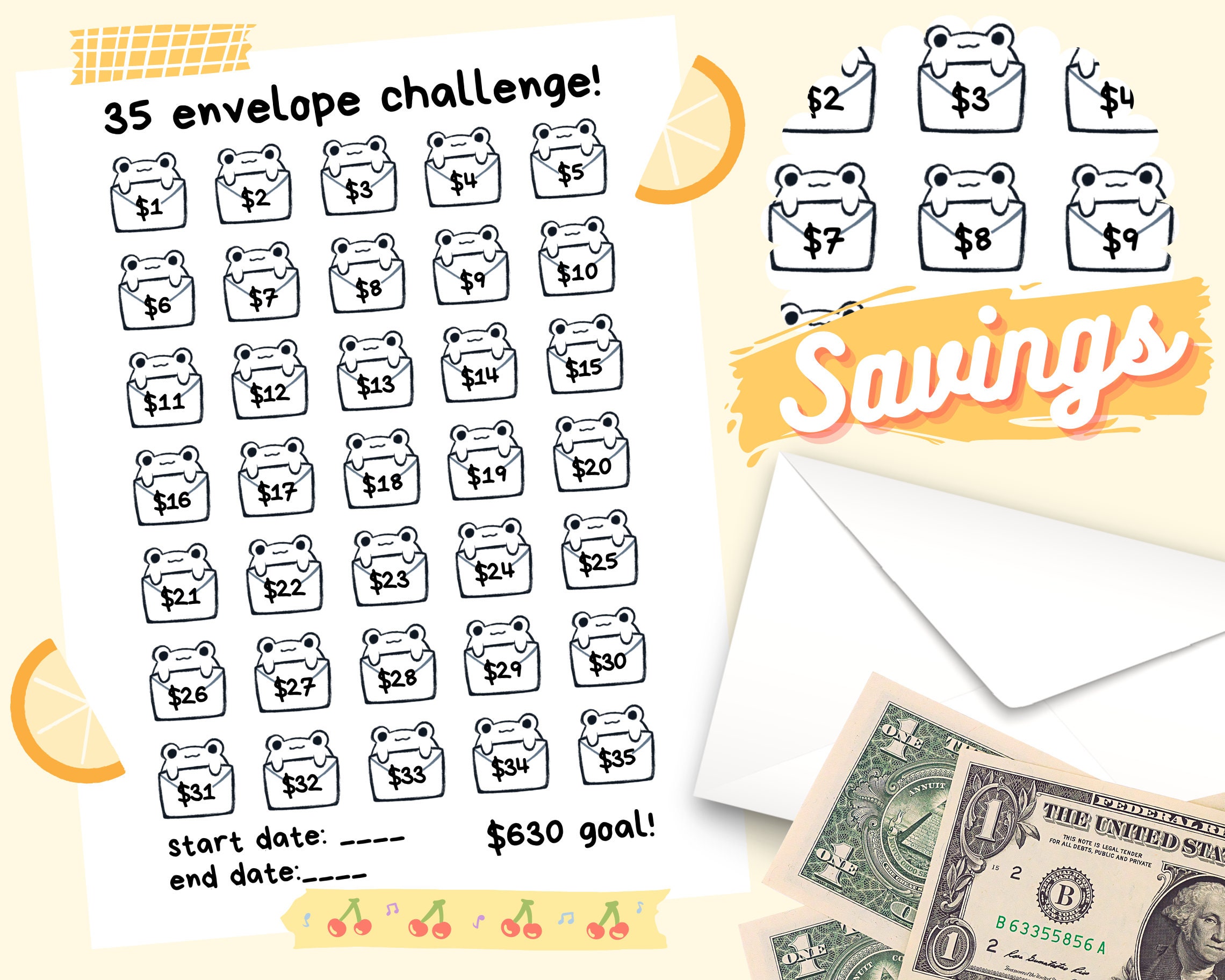 Printable 35 Envelope Savings Challenge Froggie and Kitten - Etsy