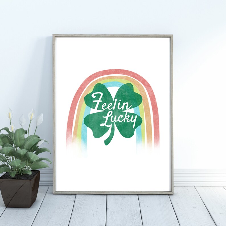 St Patricks Day Printable, Feelin Lucky Print, Rainbow Shamrock Art - Etsy