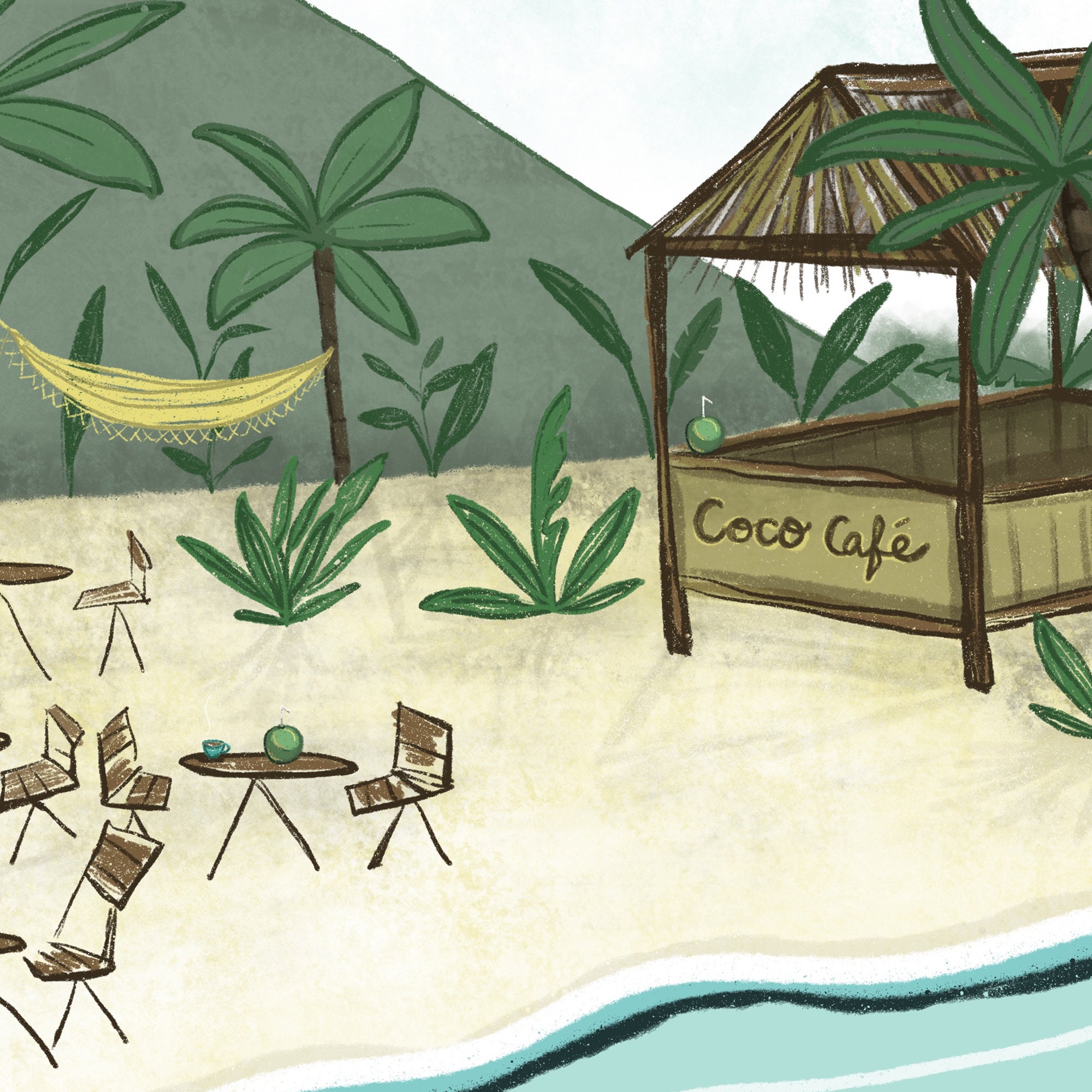 Tropical Cafe Artwork, Beach Illustration, Tropical Wall Art - Etsy