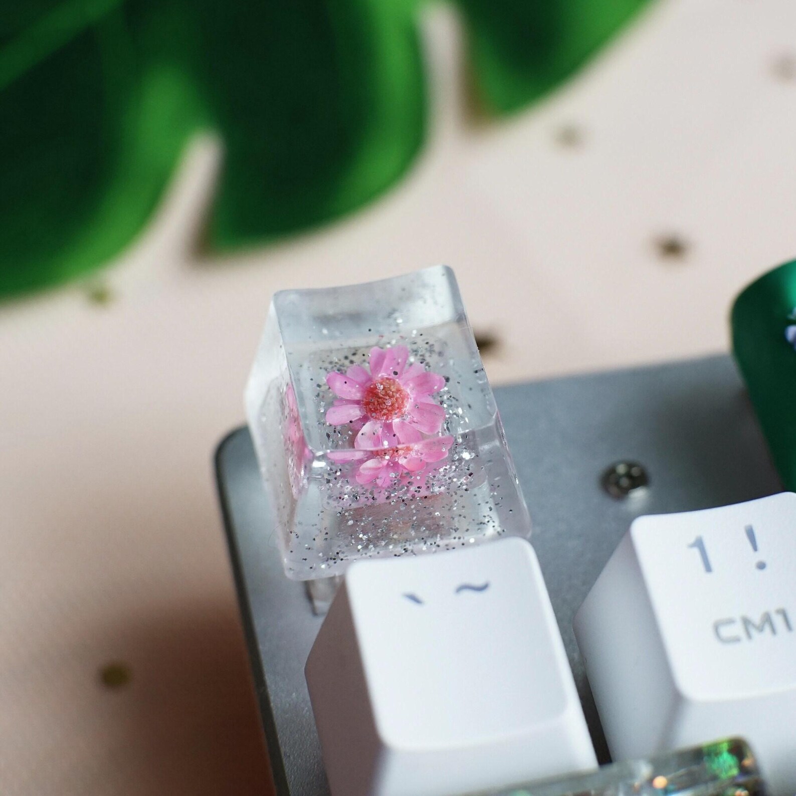Transparent Keycap Pink Floral Key Cap Esc, Silver Flower Keyboard Caps ...
