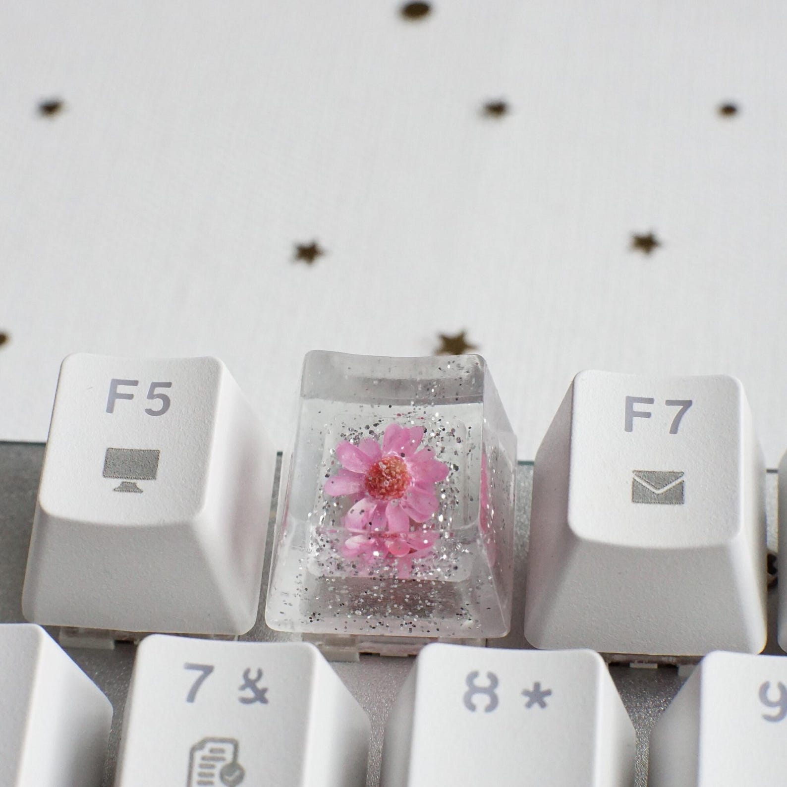 Transparent Keycap Pink Floral Key Cap Esc, Silver Flower Keyboard Caps ...