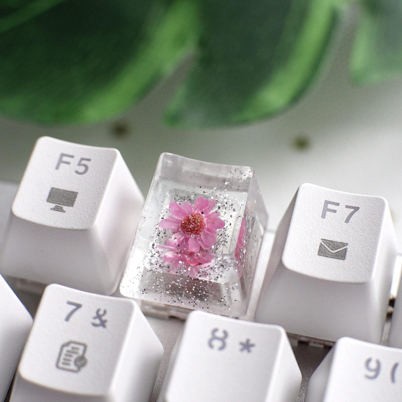 Transparent Keycap Pink Floral Key Cap Esc, Silver Flower Keyboard Caps ...