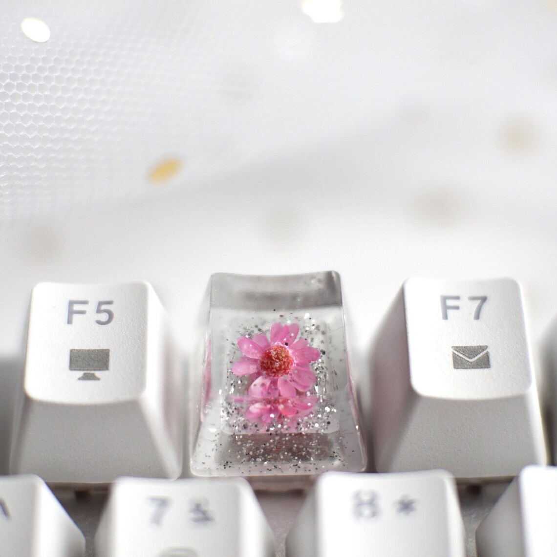 Transparent Keycap Pink Floral Key Cap Esc, Silver Flower Keyboard Caps ...