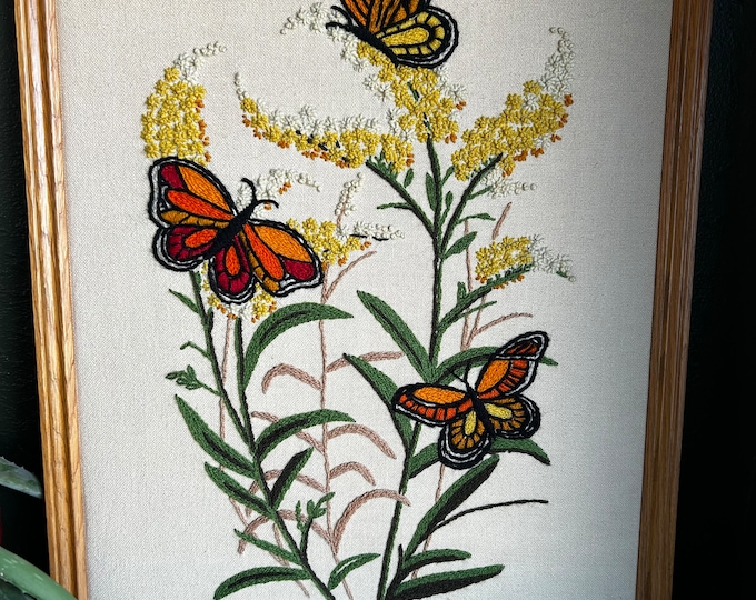 Vintage Monarch Butterfly Crewel, Butterfly Milkweed Crewel Embroidery ...