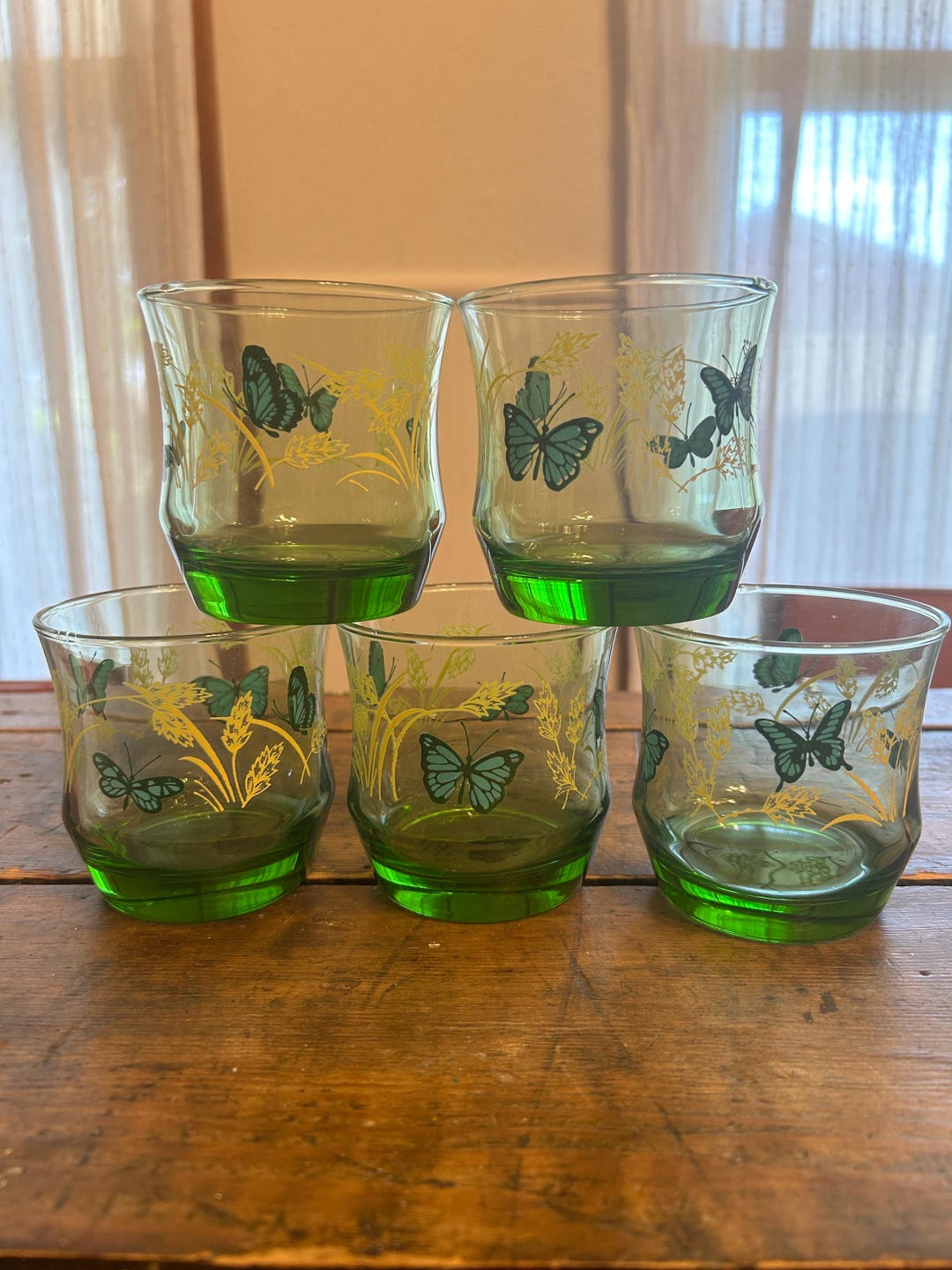 Vintage Green Libbey Butterfly Wheat Glasses | Retro Libbey Butterfly ...