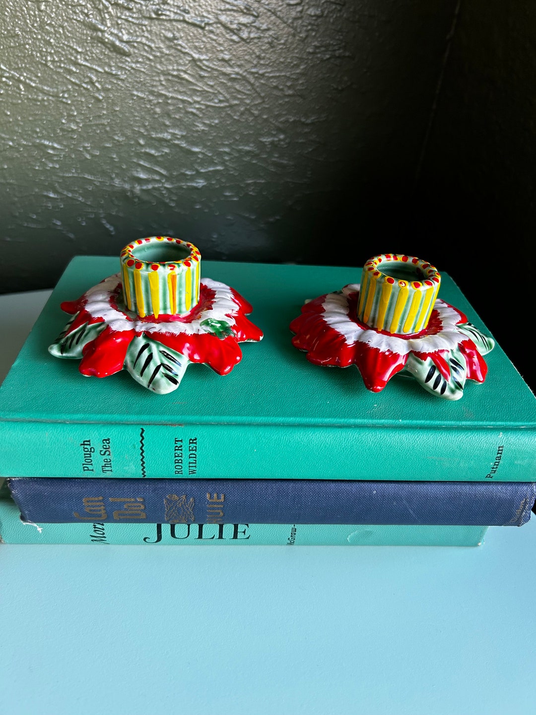 Vintage Flower Candlestick Holders: Striped Floral Pair - Etsy