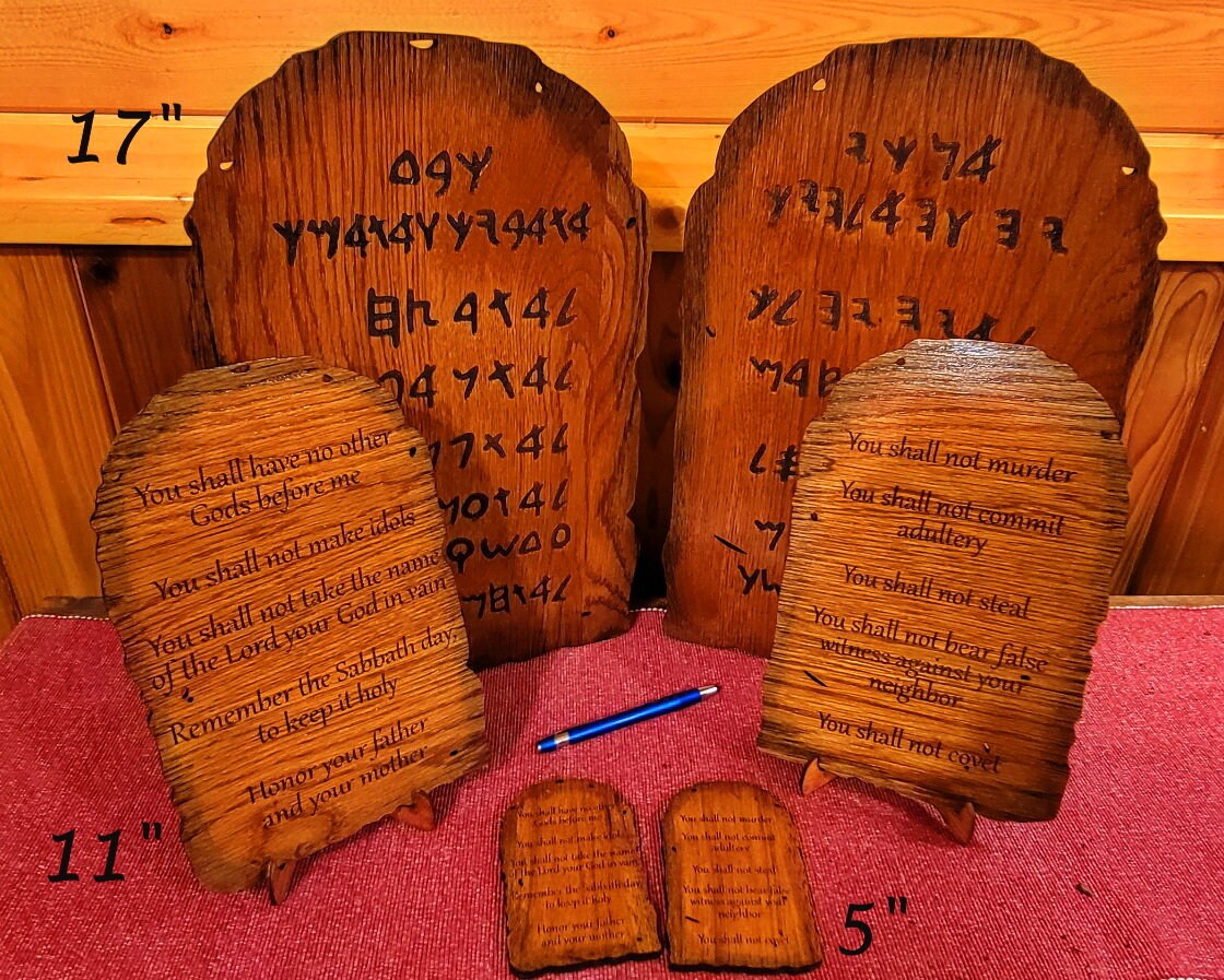 Ten Commandments Set, English, Spanish or Hebrew, Engraved Wood Tablets ...