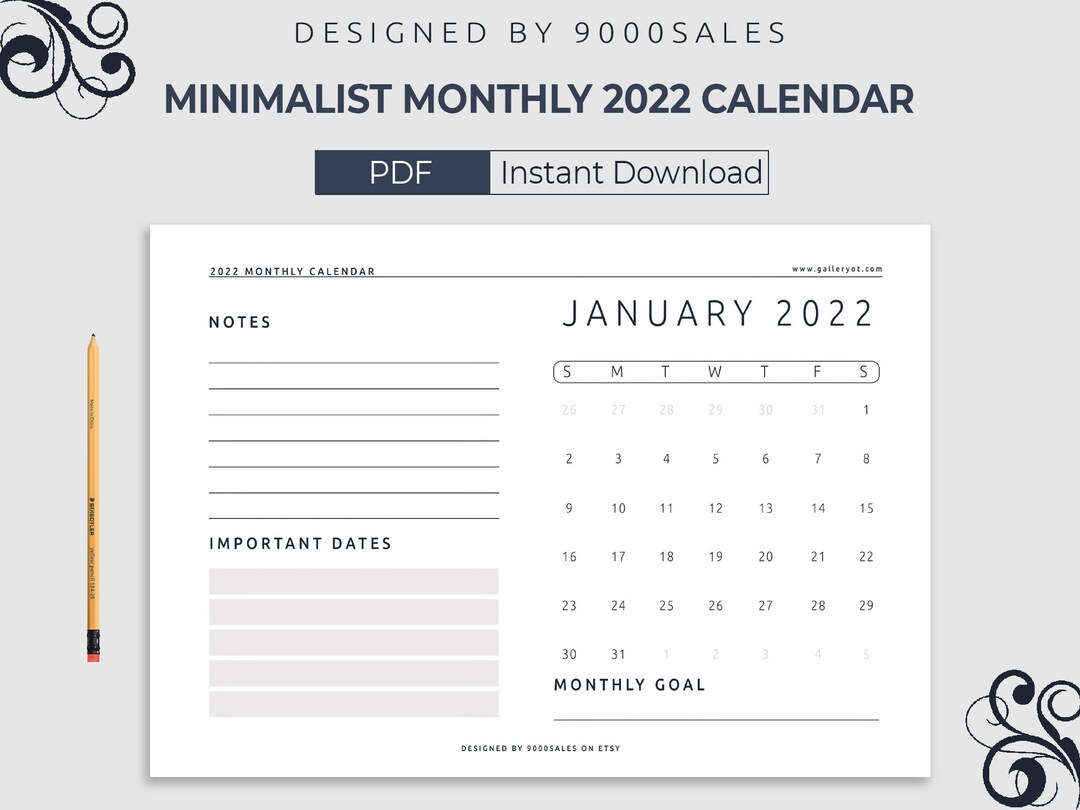 Minimalist 2022 Monthly Calendar, Printable Landscape Calendar, 2022 ...