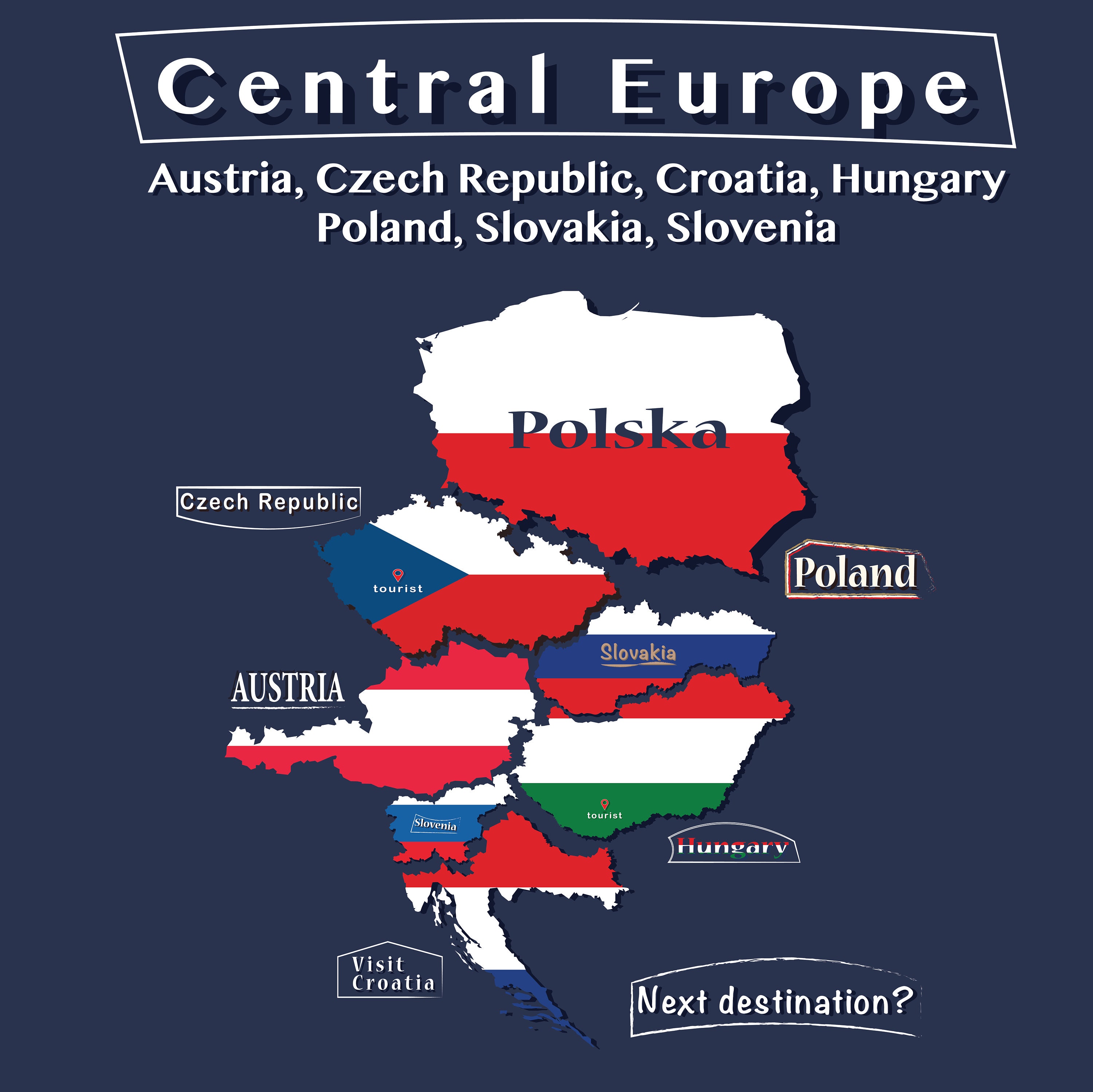 Central Europe Silhouette Map With Flags - Detailed Vector Files for ...