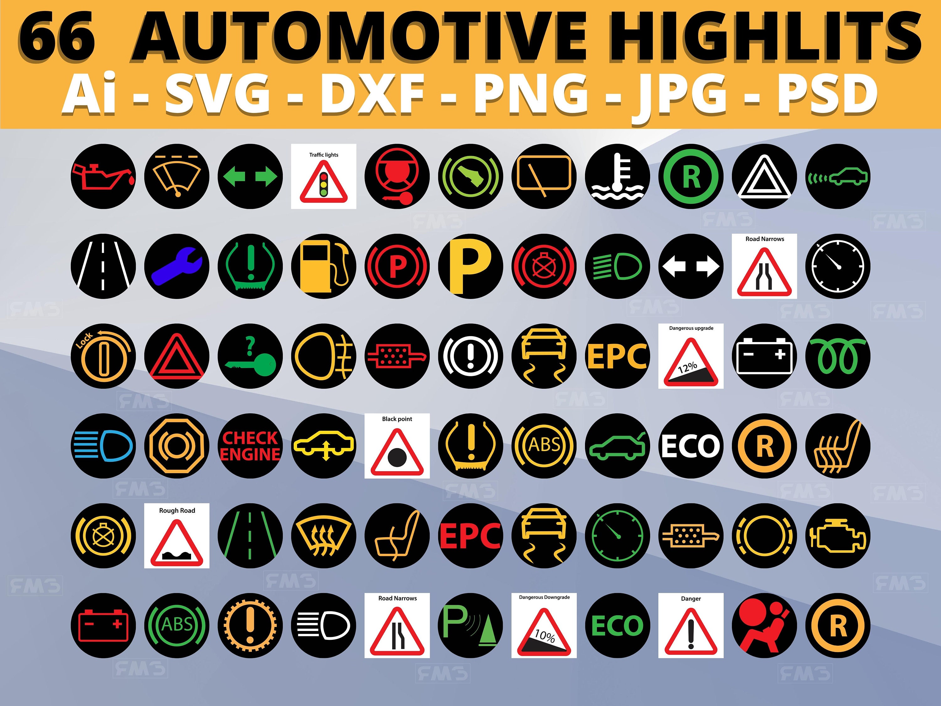 66 Car Highlights Automotive Bundle Icons. Ai, SVG, Png, DXF, PSD, Jpg ...