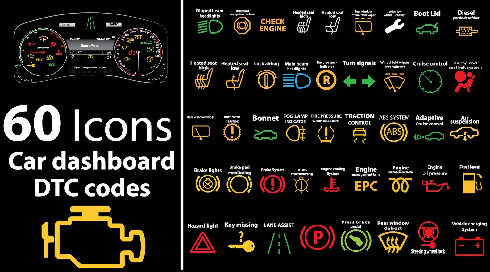 60 Car Dashboard Icons Svg:eg. Error Message, Check Engine, Fault ...