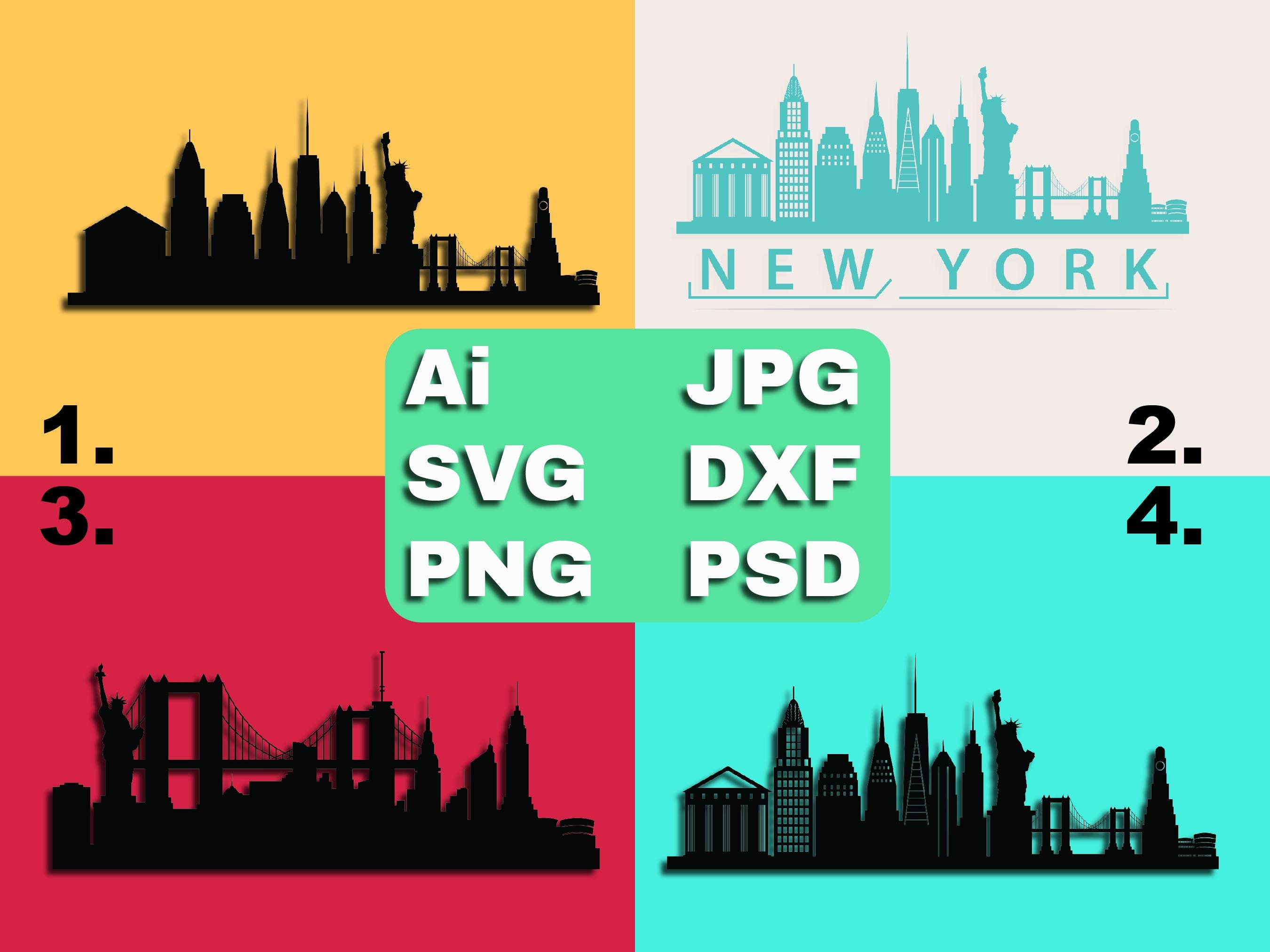 New York City Skyline Vector Bundle - Downtown Silhouette Landmarks ...