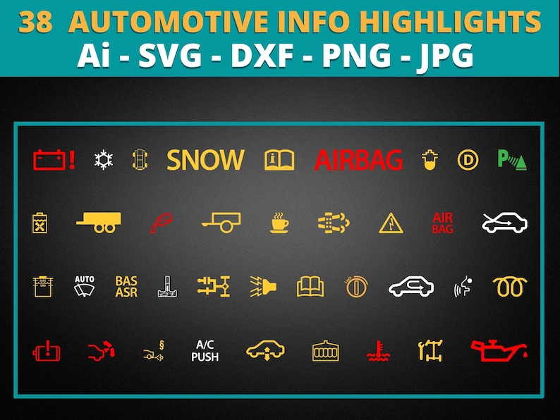 38 Car Dashboard Icons Bundle - Fault, Error Message, Check Engine, Car ...