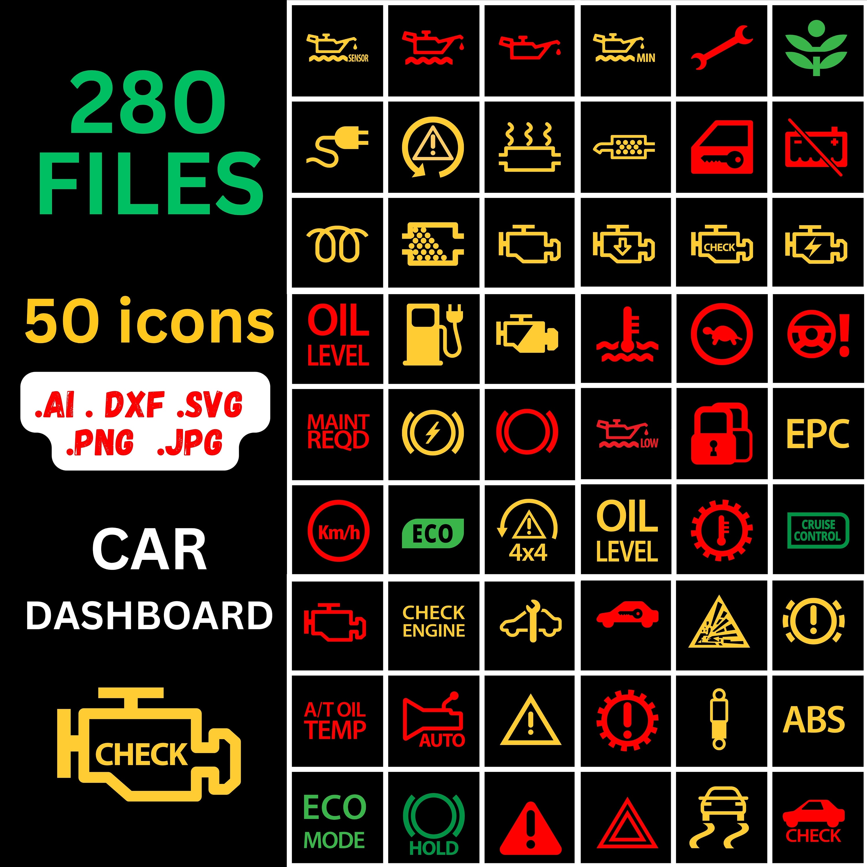 Bundle of 280 Icons - Vehicle Warning Light Icons Bundle - Engine, Oil ...