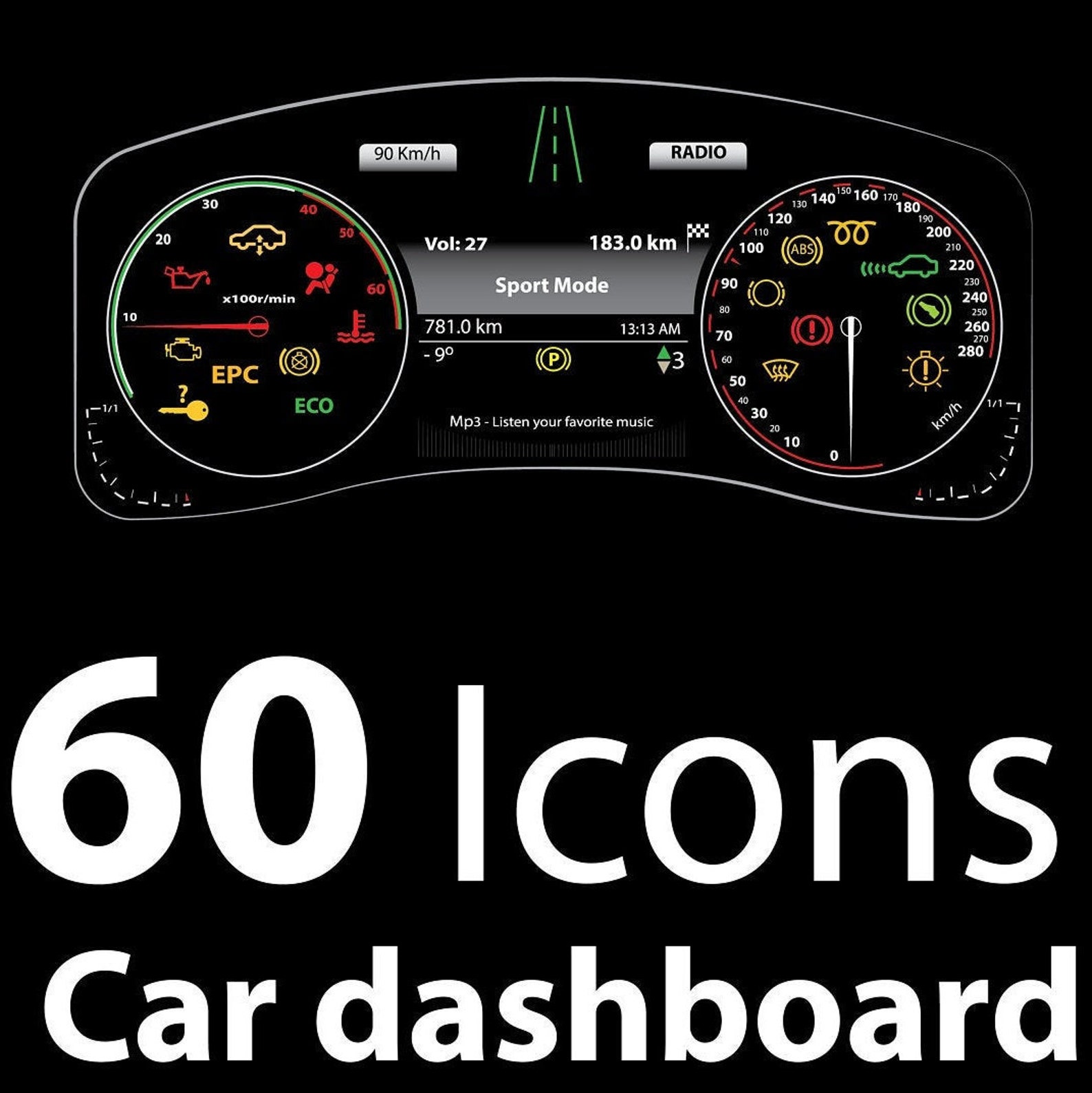 60 Car Dashboard Icons Svg:eg. Error Message, Check Engine, Fault ...