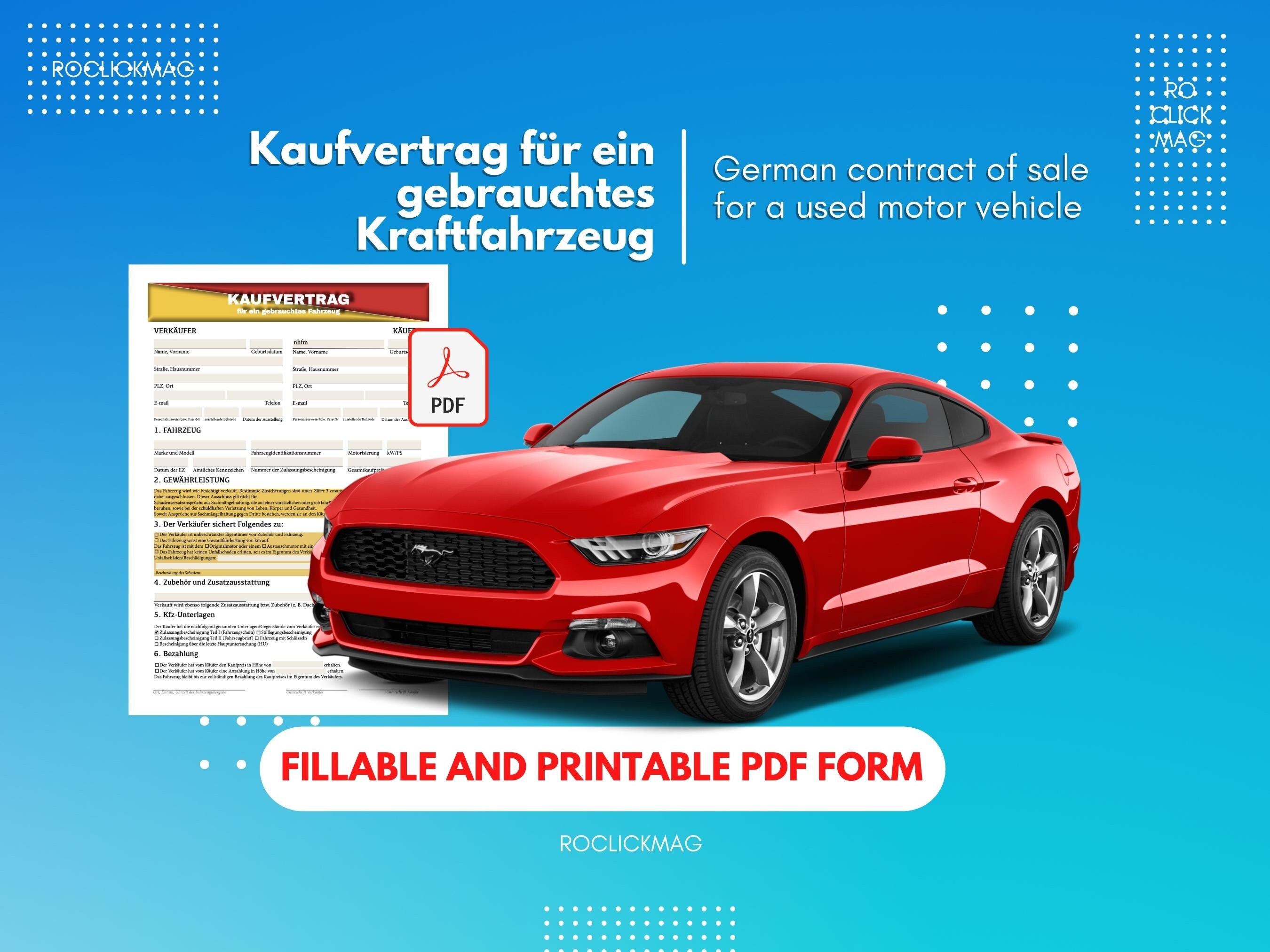 Editable German Car Sale Contract Template - Fillable PDF Kaufvertrag ...