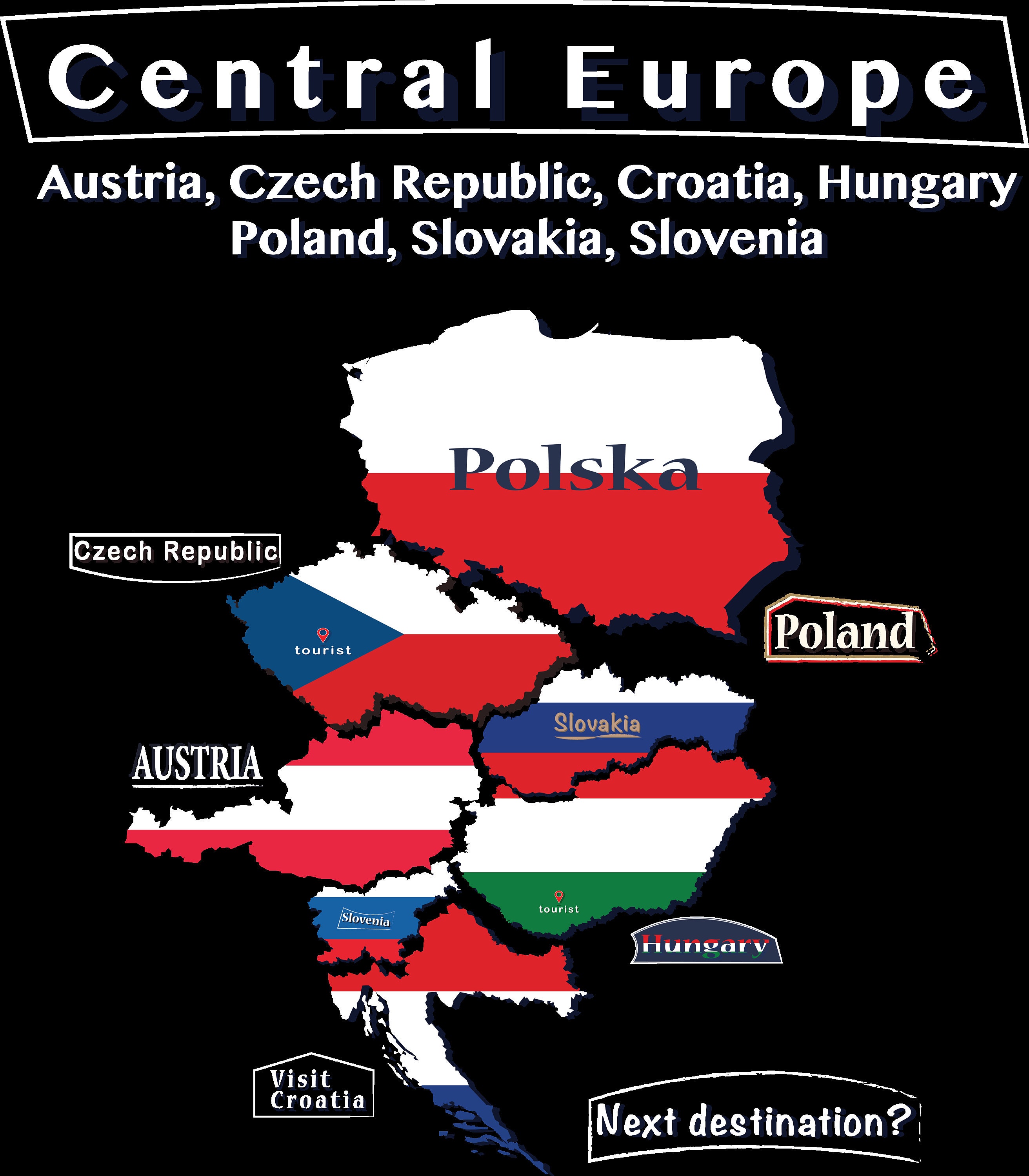 Central Europe Silhouette Map With Flags - Detailed Vector Files for ...