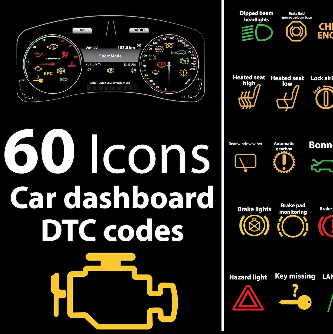 60 Car Dashboard Icons Svg:eg. Error Message, Check Engine, Fault ...