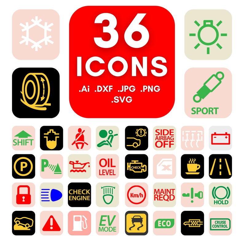 Car Icons Bundle - 36 Dashboard Panel Fault Icons - Ai Dxf Svg Png Jpg ...