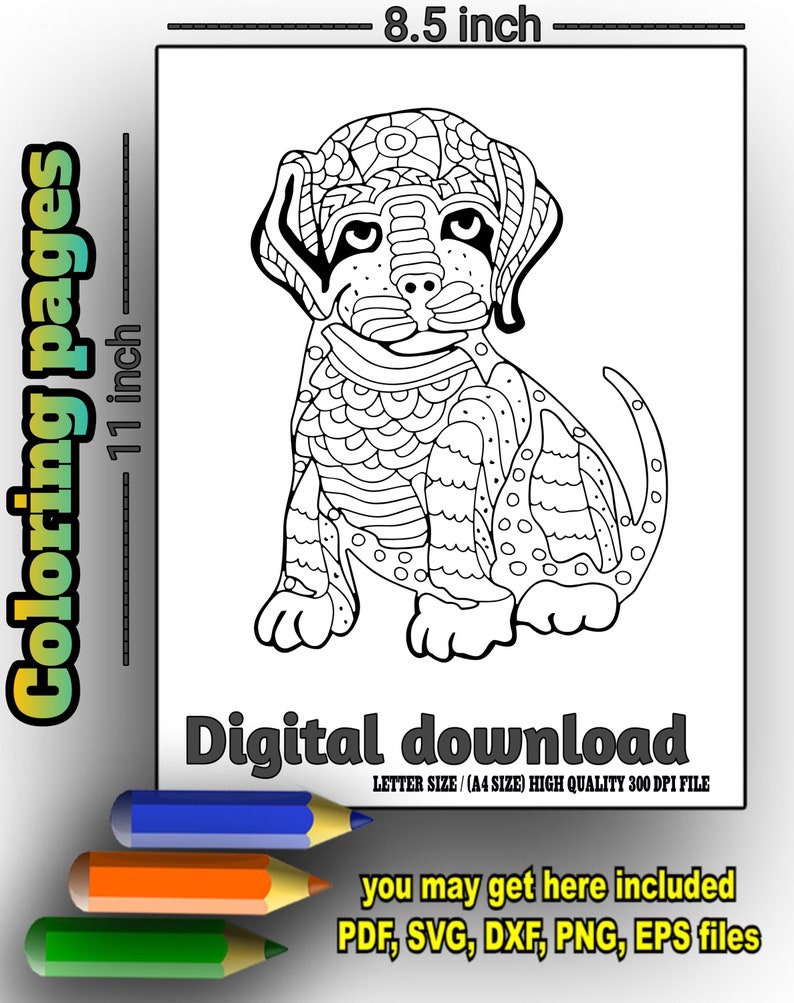 Cute Baby Dog Pdf Coloring Page for Kids, Colored and Colorable Digital ...