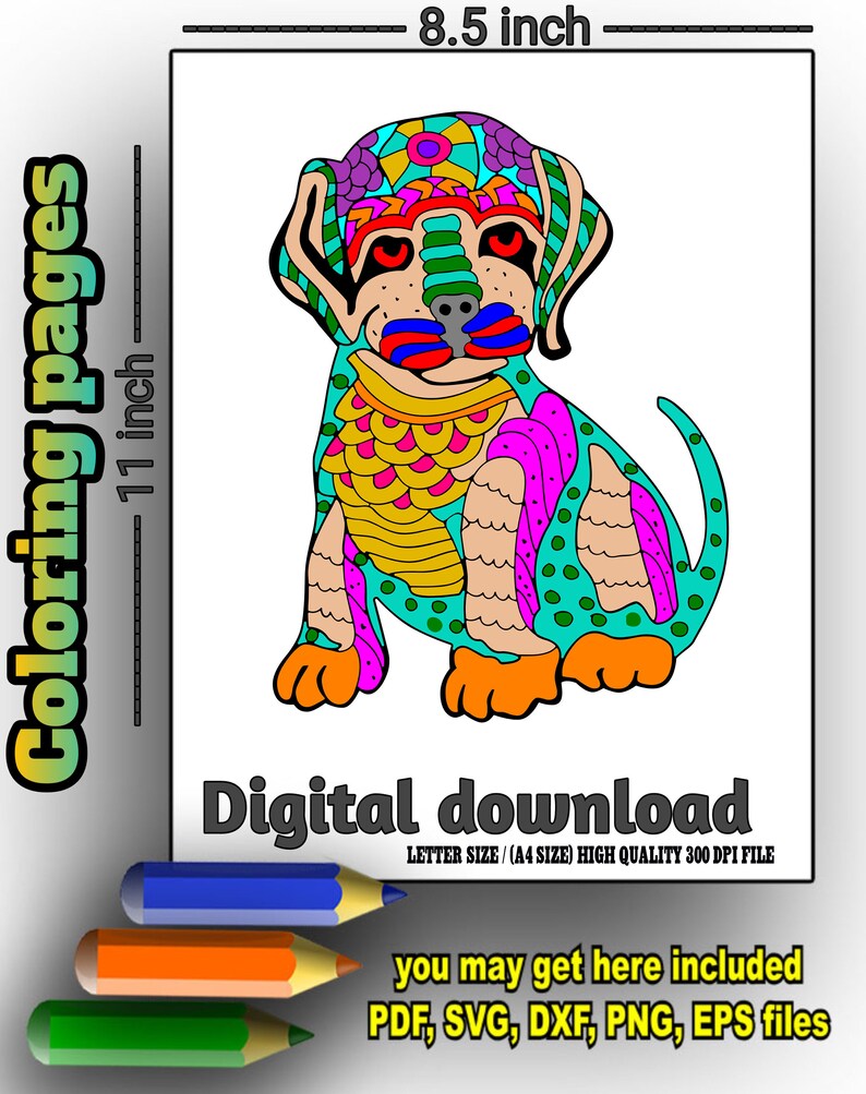 Cute Baby Dog Pdf Coloring Page for Kids, Colored and Colorable Digital ...