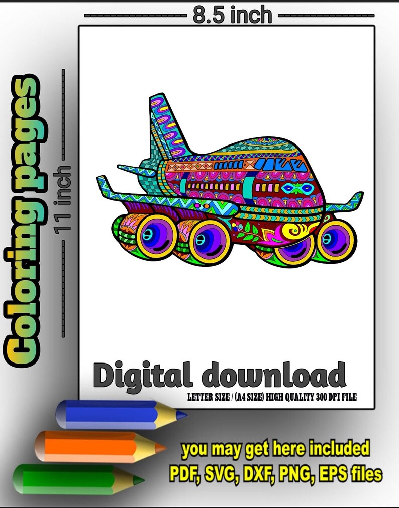 Aeroplane Pdf Coloring Page for Kids, Colored and Colorable Digital ...