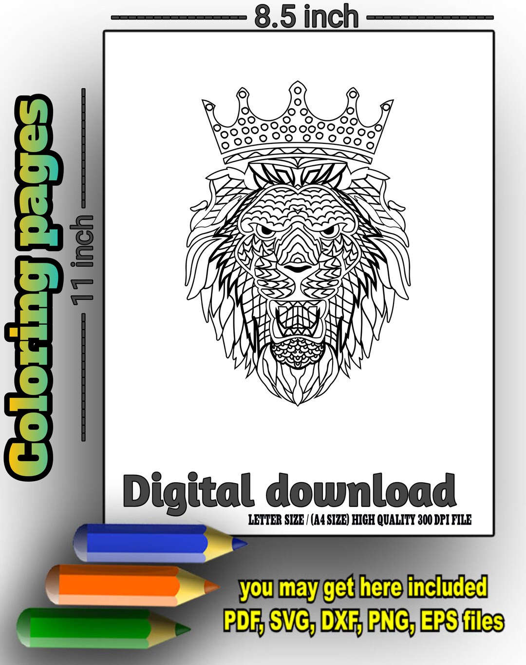 Lion Face Pdf Coloring Page for Kids, Colored and Colorable Digital ...