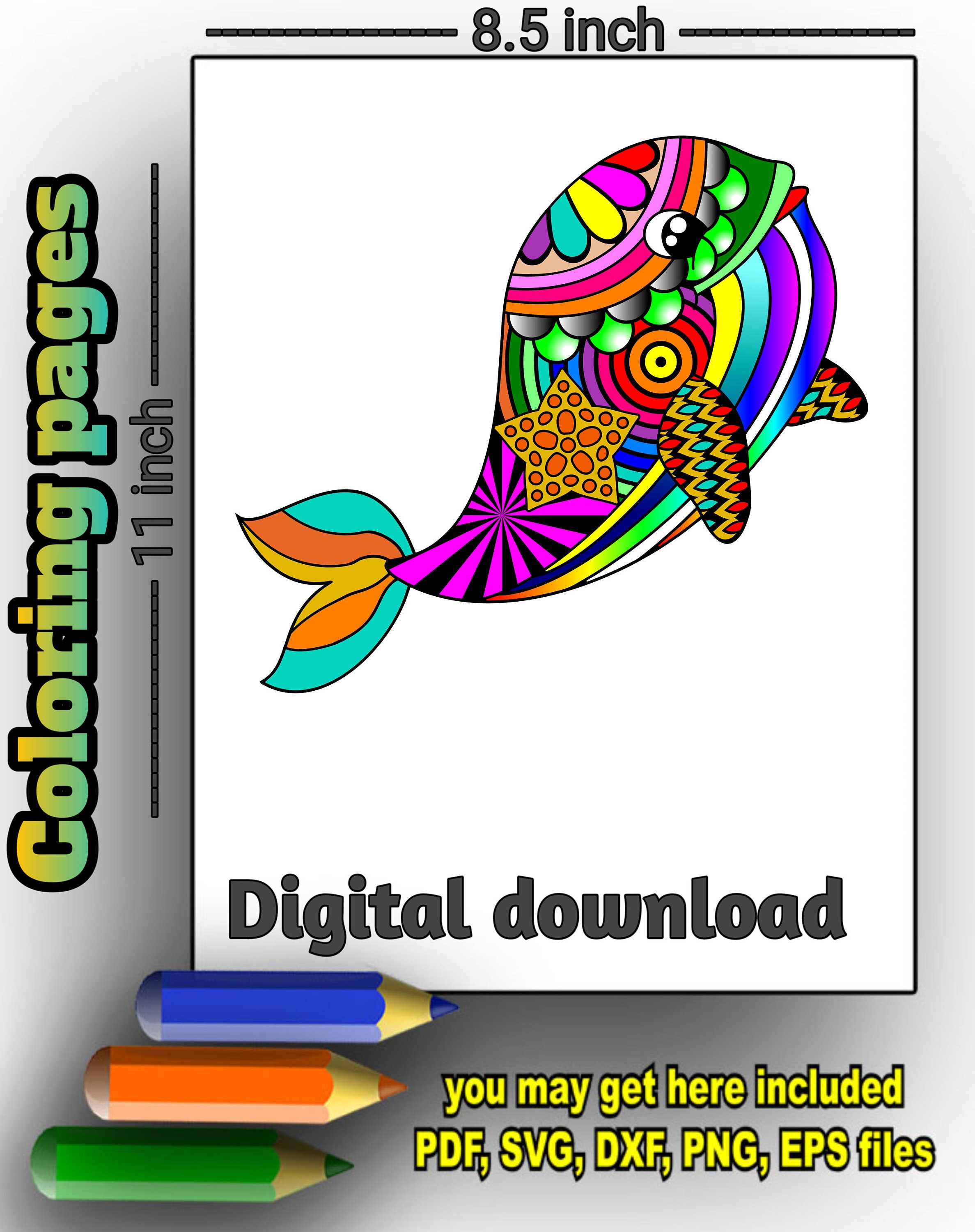 Fish Pdf Coloring Page for Kids, Colored and Colorable Digital Copies ...