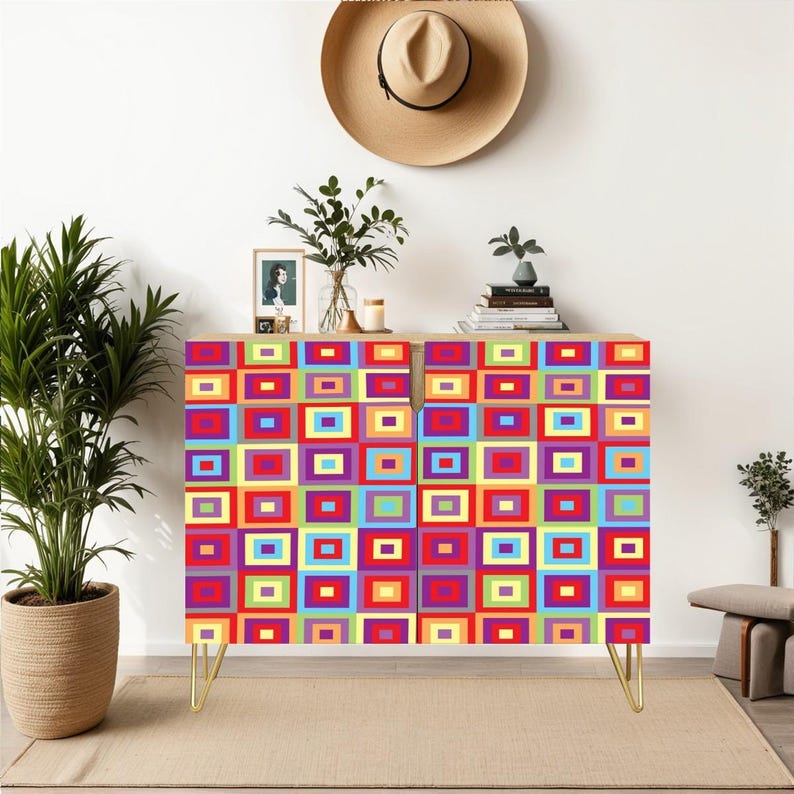 Retro Geometric Wooden Storage Cabinet, Leather Surface, Waterproof - Etsy