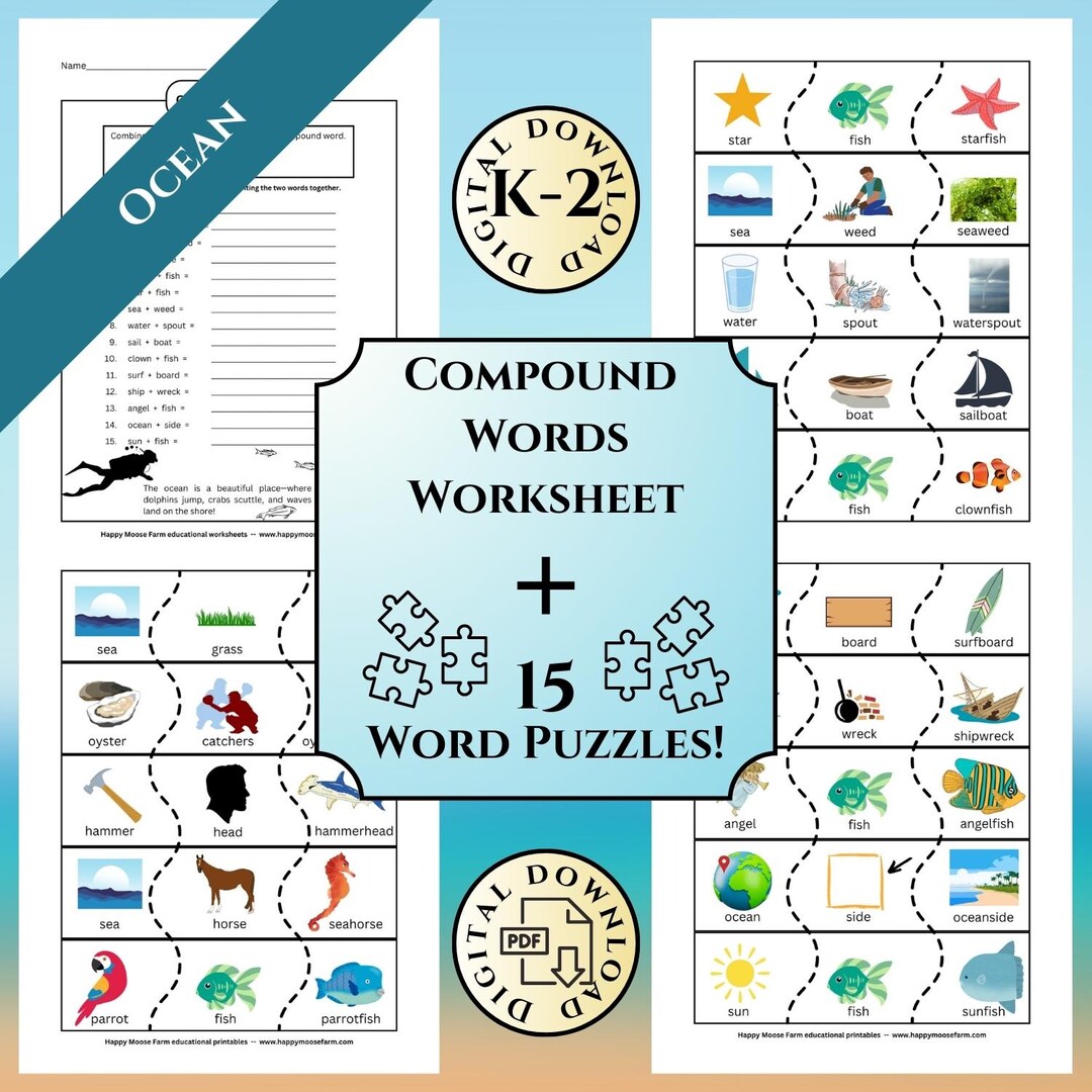 Ocean Themed Compound Words Worksheet and 15 Word Puzzles Bundle for ...