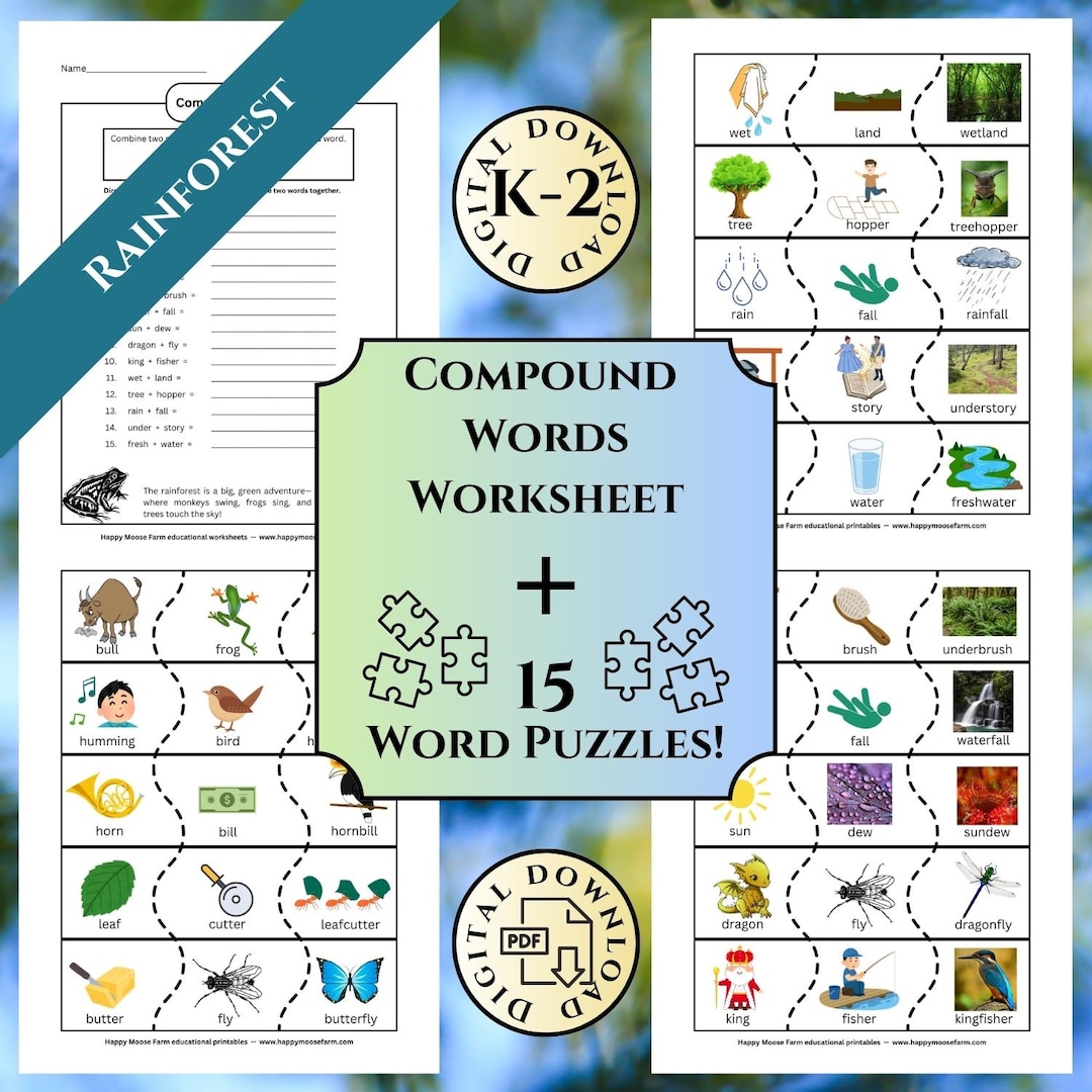 Rainforest Themed Compound Words Worksheet and 15 Word Puzzles Bundle ...