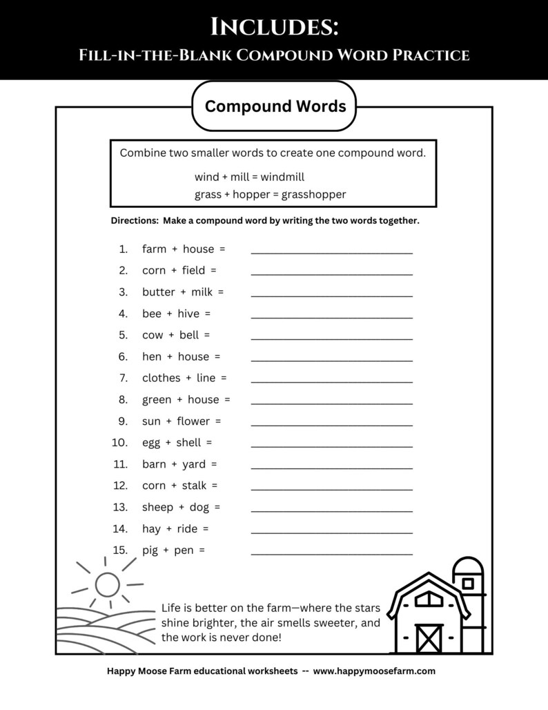 Farm Themed Compound Words Worksheet and 15 Word Puzzles Bundle for ...
