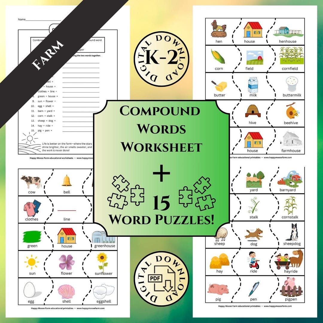 Farm Themed Compound Words Worksheet and 15 Word Puzzles Bundle for ...