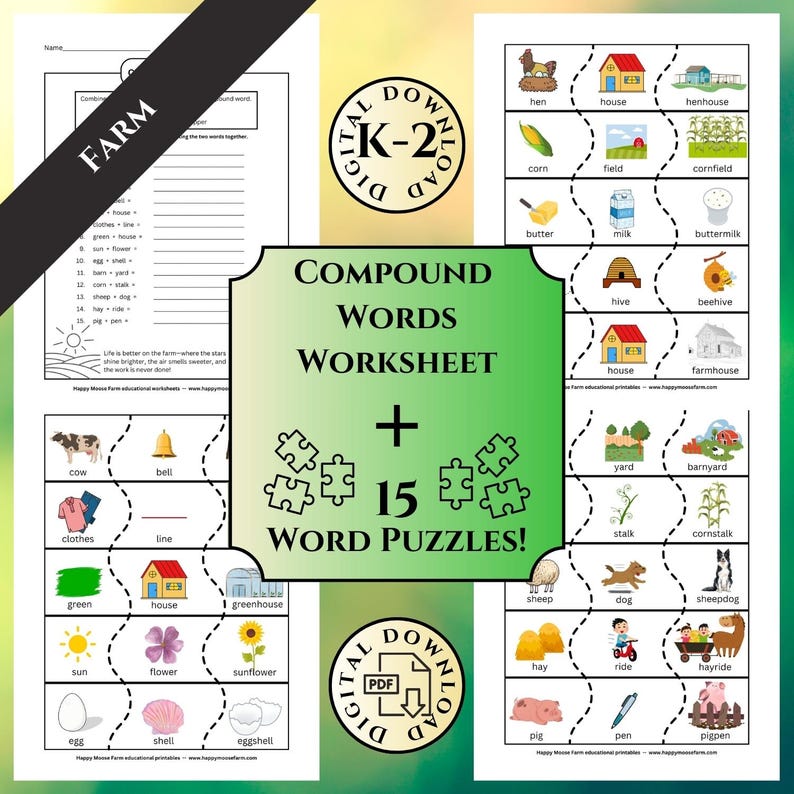 Farm Themed Compound Words Worksheet and 15 Word Puzzles Bundle for ...