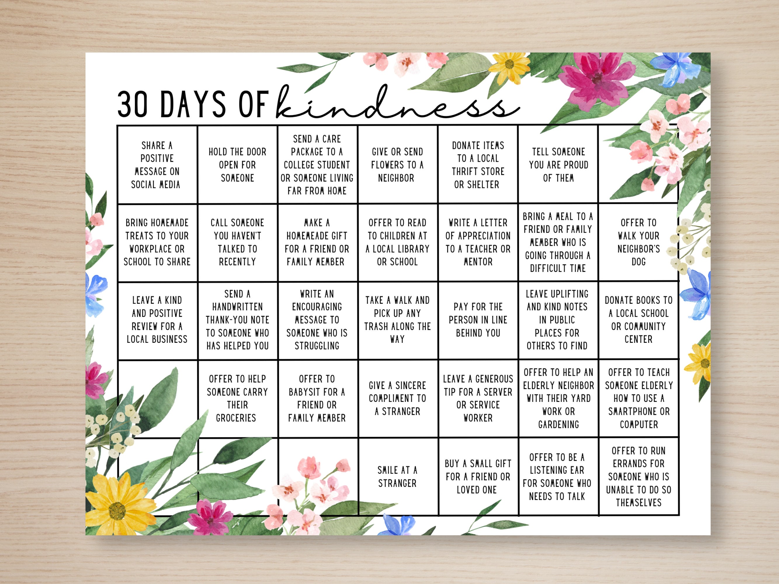 30 Days of Kindness Challenge, 30 Day Challenge Printable, Treat People ...