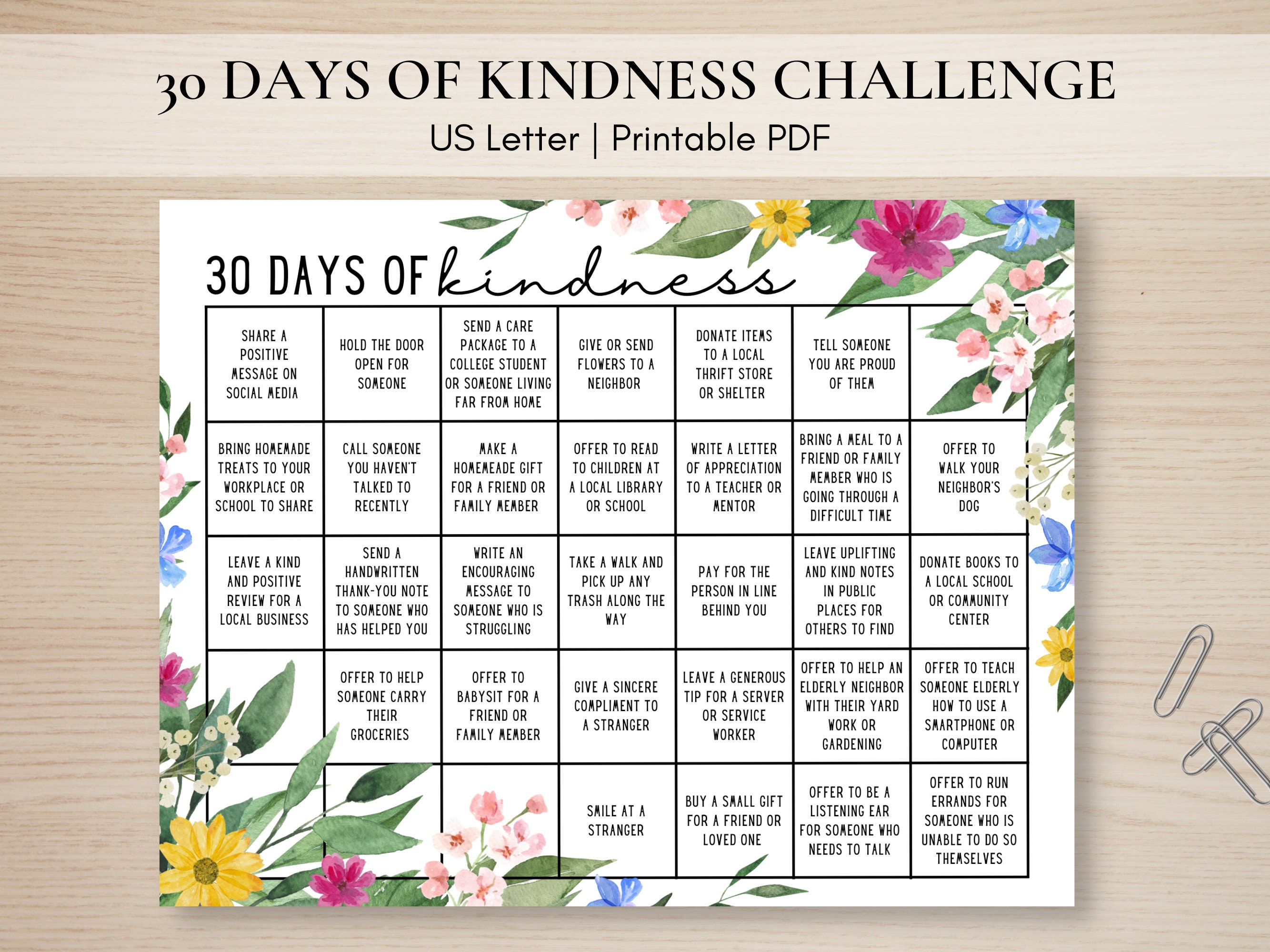 30 Days of Kindness Challenge, 30 Day Challenge Printable, Treat People ...