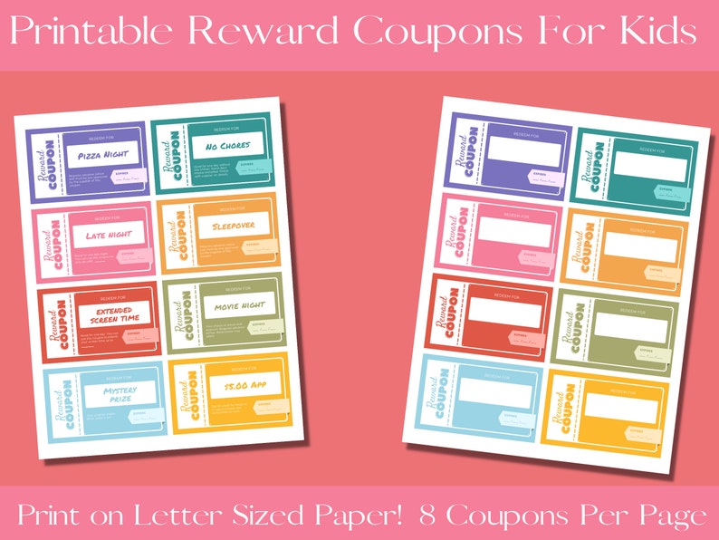 Printable Reward Coupons for Kids, Prefilled Rewards, Homeschool ...